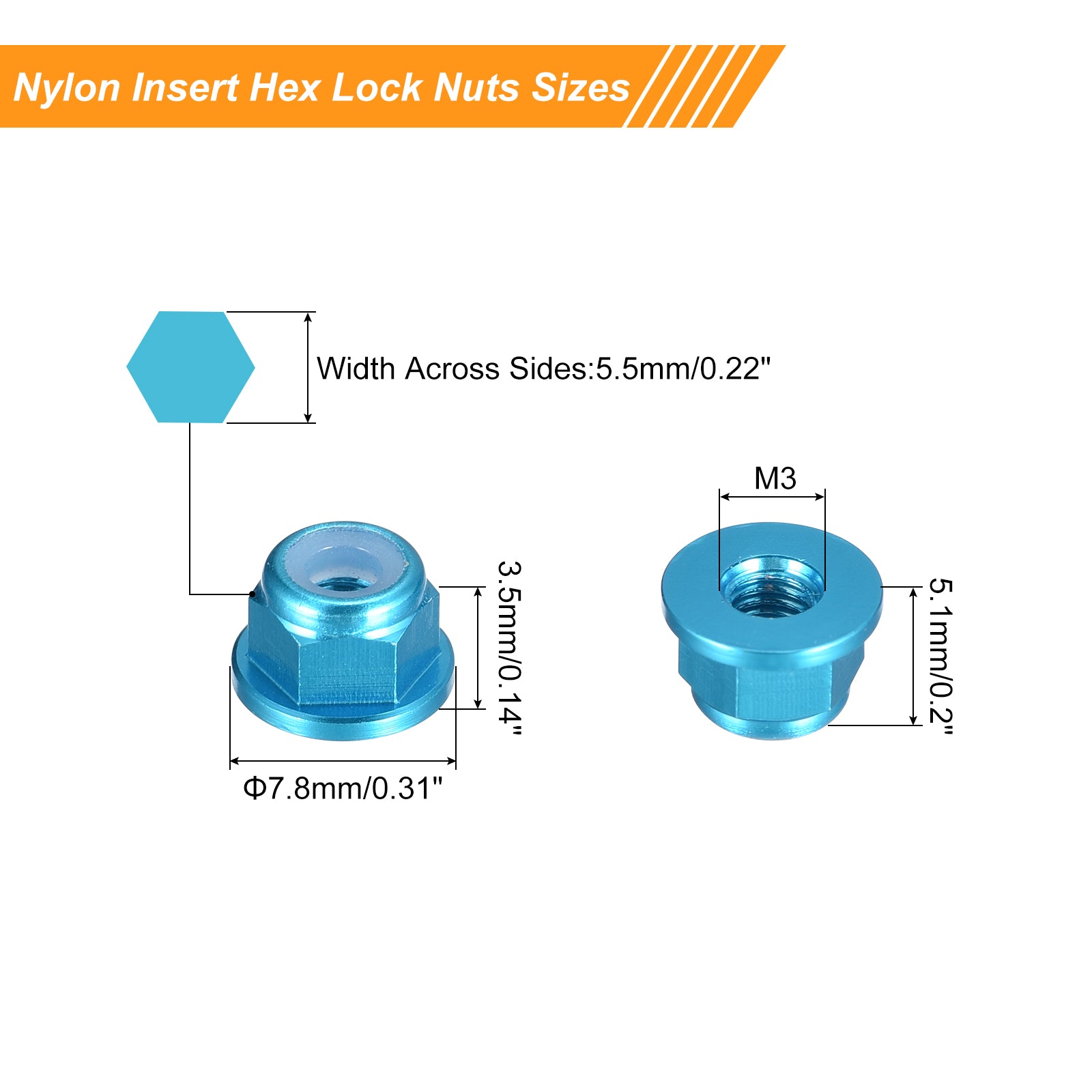 Uxcell Nylon Insert Hex Lock Nuts, 10pcs - M3 x 0.5mm Aluminum Alloy Self-Locking Nut, Anodizing ...