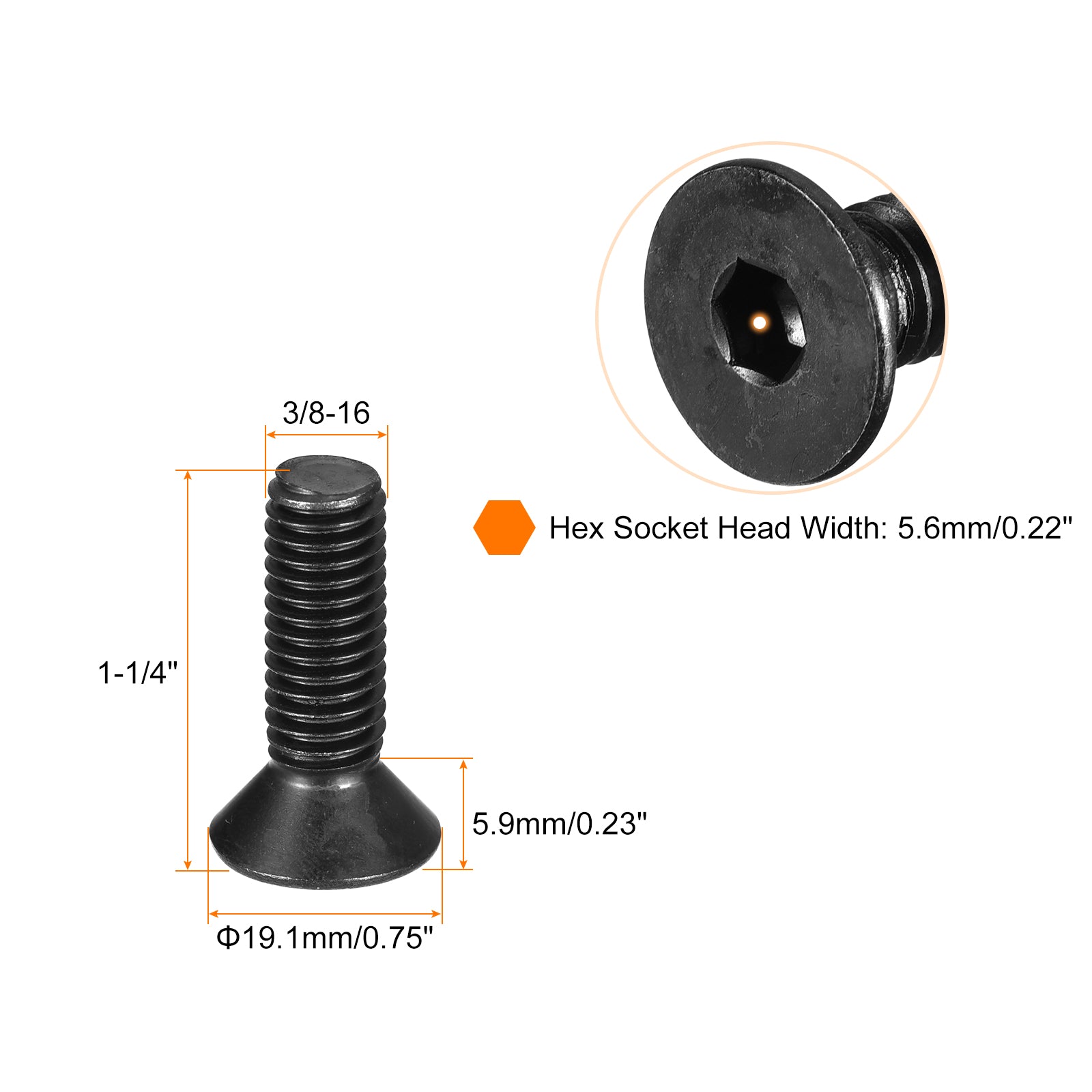 Uxcell 3/8-16x1-1/4" Flat Head Socket Cap Screws, 10.9 Grade Carbon Steel, 10PCS | Harfington