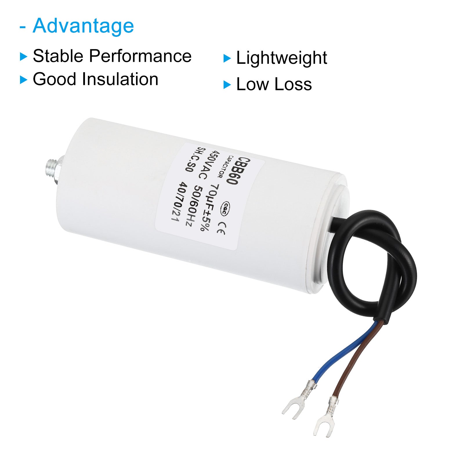 CBB60 70uf Running Capacitor,AC 450V U Terminal Wires 50/60Hz with M8 ...