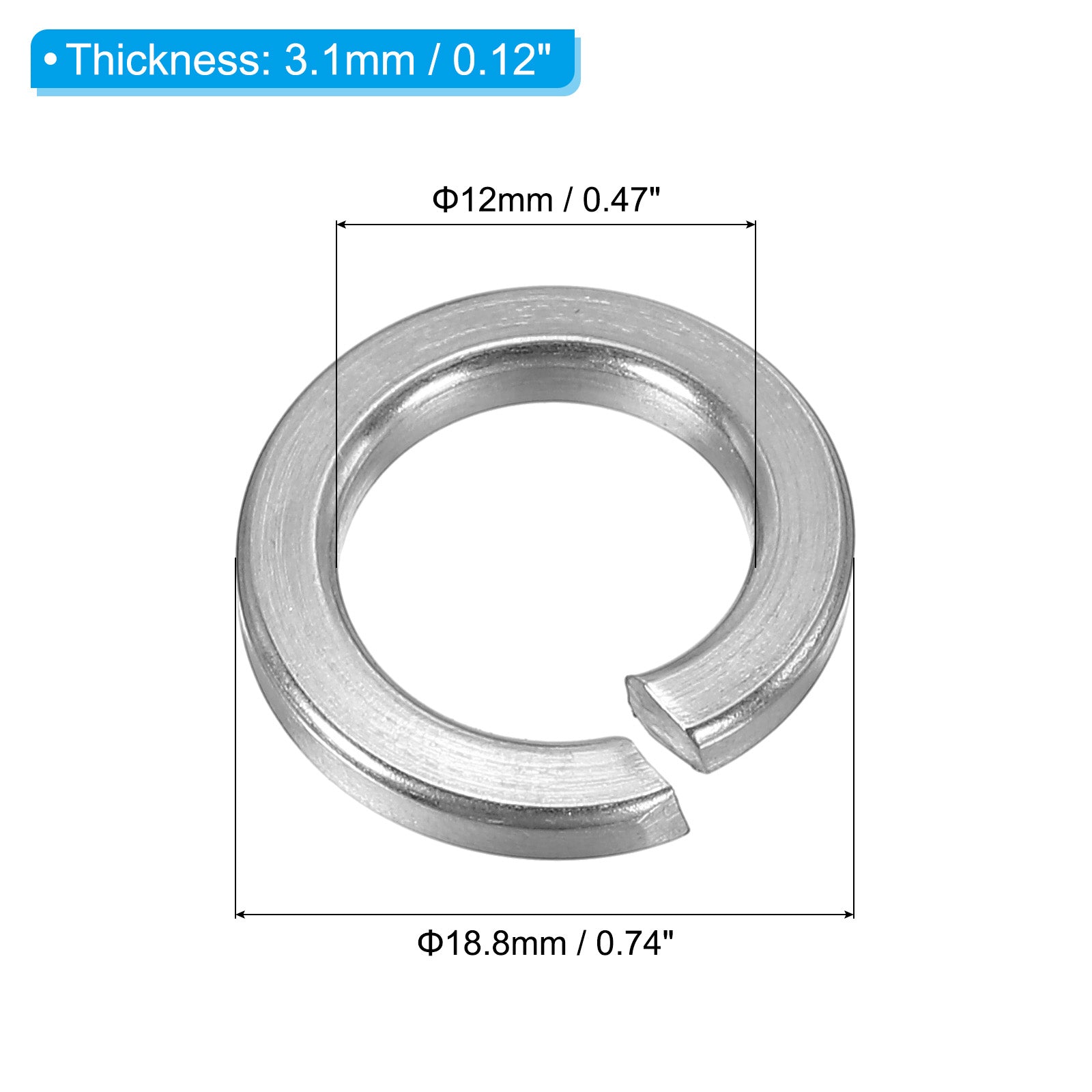 M12 Split Lock Washer, 50 Pack 12mm ID 18.8mm OD 304 Steel, Silver Tone ...