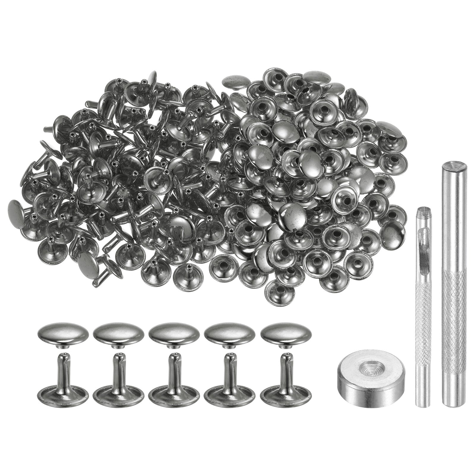 100 Sets Leather Rivets 12 x 12mm Metal with 3 Setter Tools Gunmetal ...