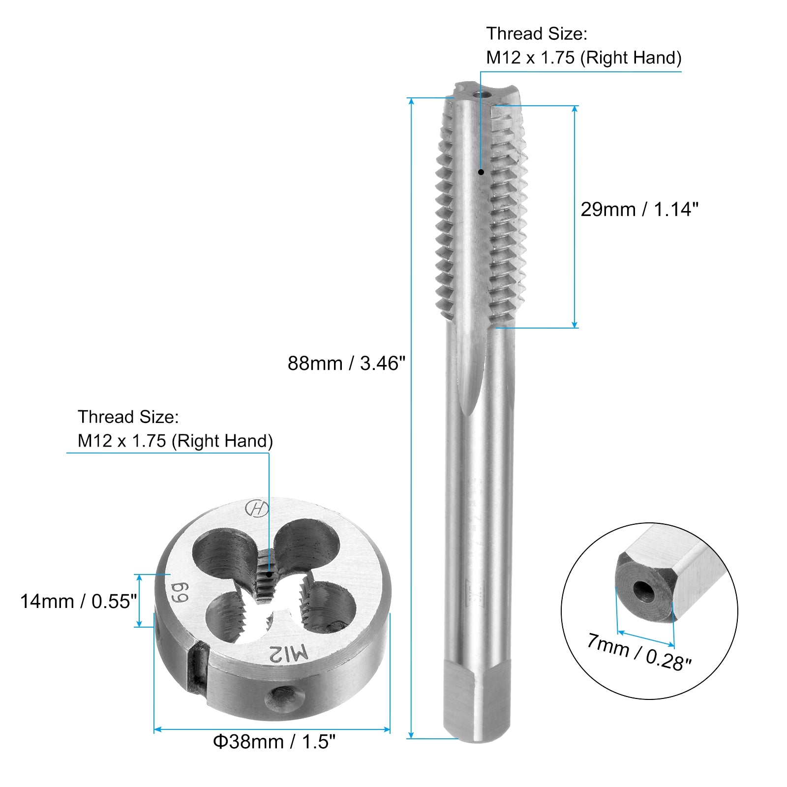 Uxcell 3pcs Metric Hand Tap & Die Set M12 x 1.75 Taper/Plug Thread Taps ...