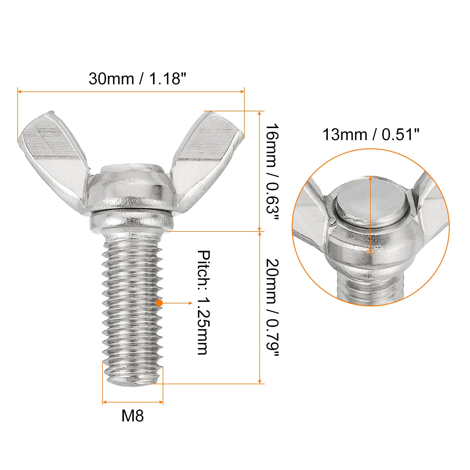 Uxcell 20pcs 304 Stainless Steel M8-1.25x20mm Wing Butterfly Screws ...