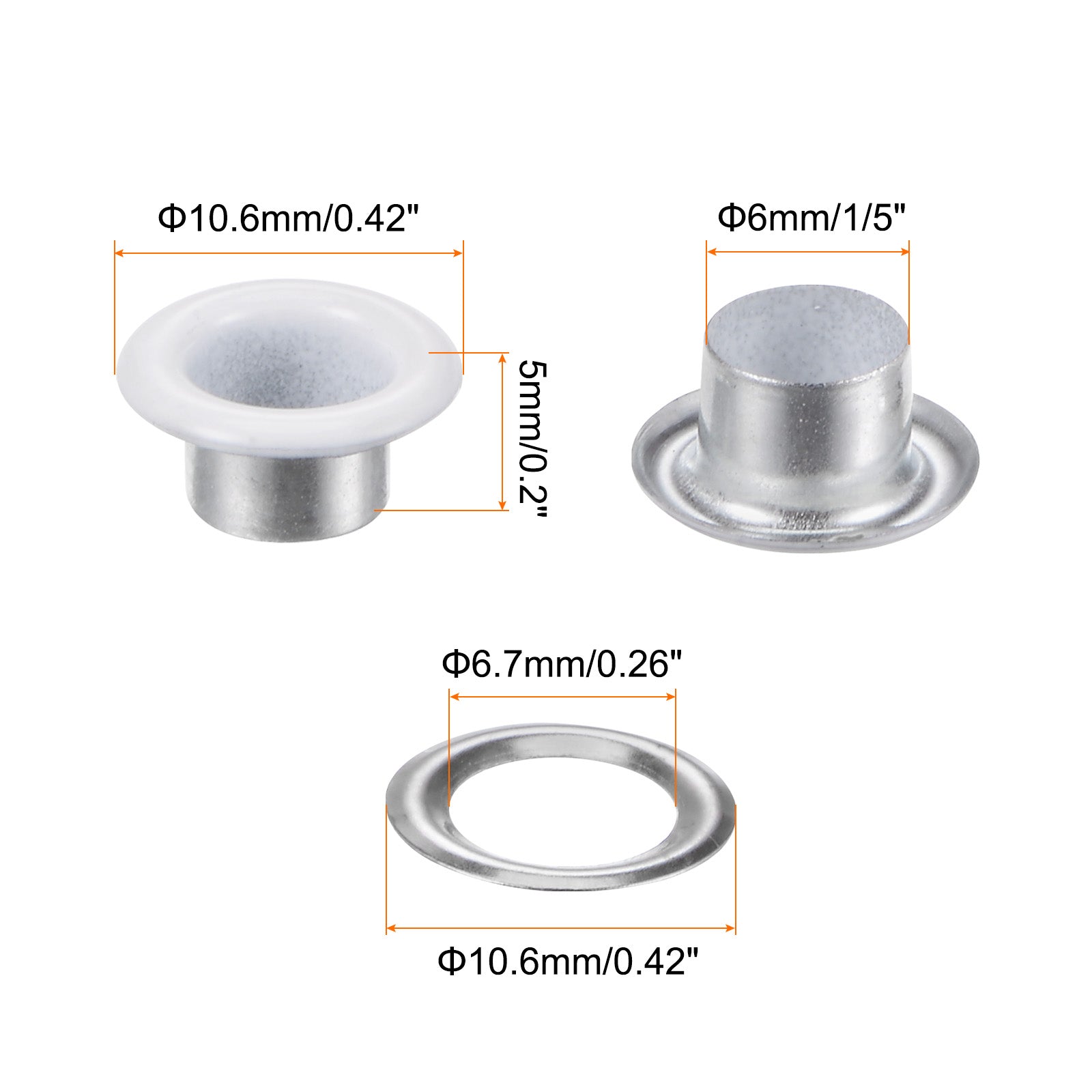 100 Set Round Grommets 6mm Hole Metal Eyelets with Washers White ...