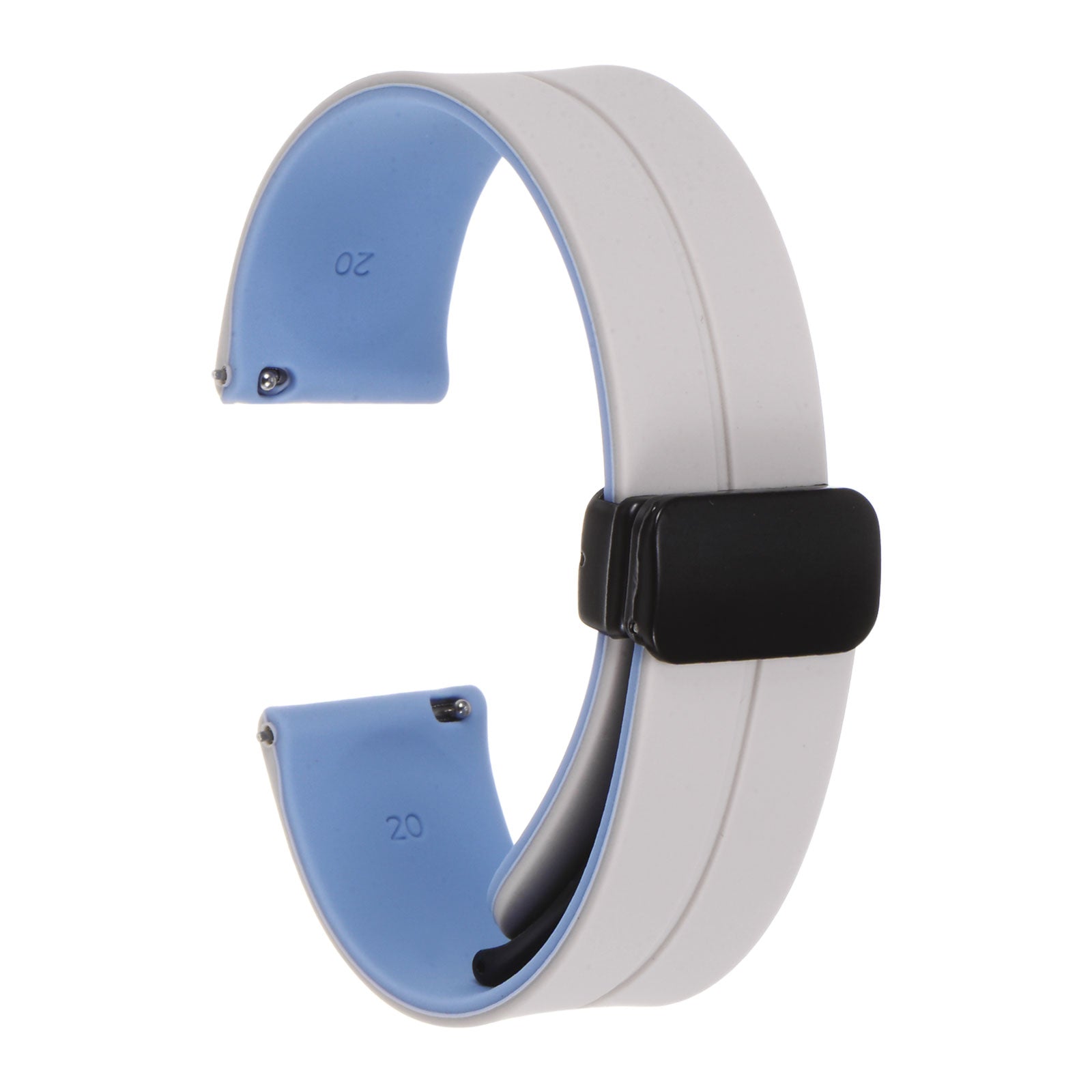 20mm Magnetic Silicone Watch Band with Black Folding Buckle, White/Blue ...