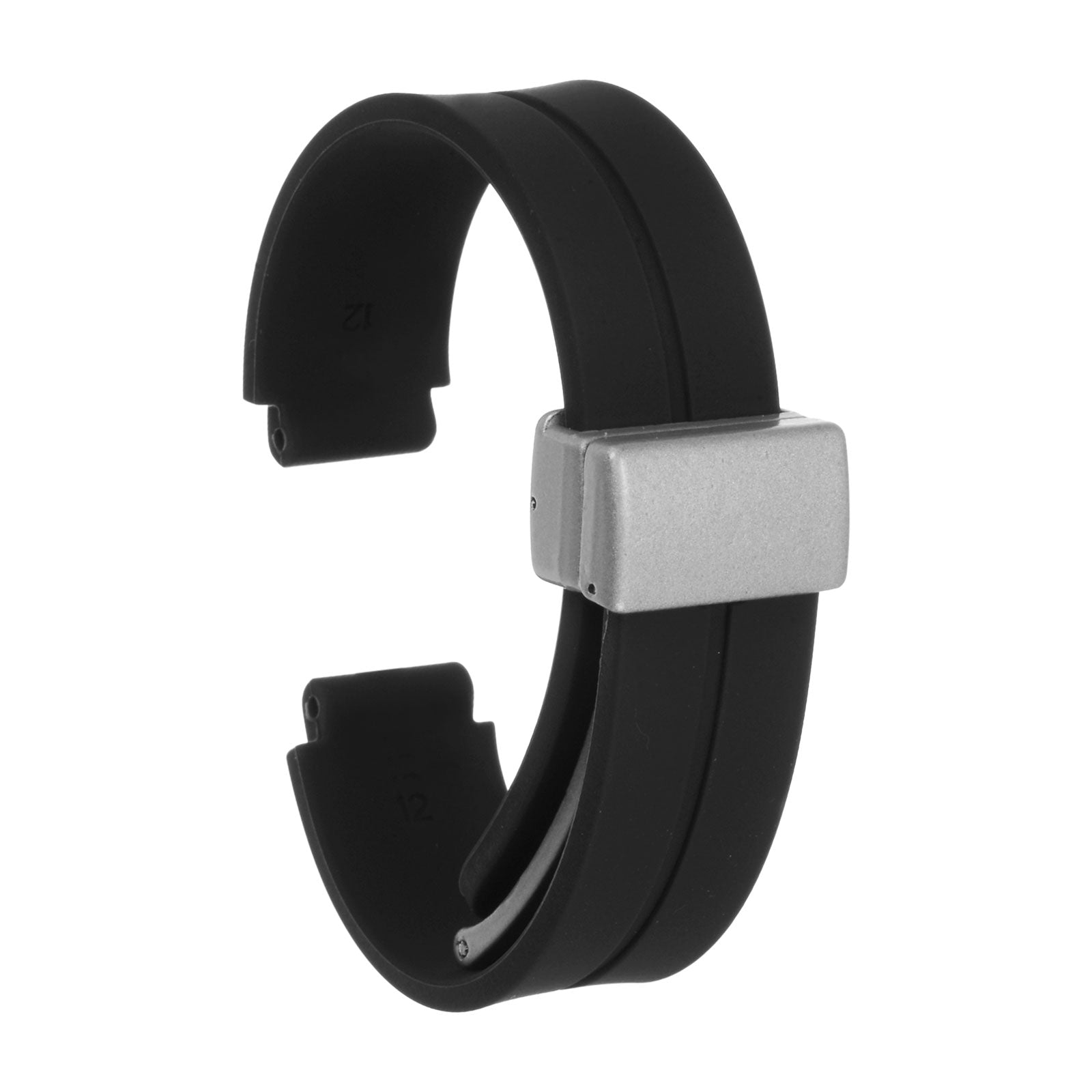 12mm Magnetic Silicone Watch Band with Silver Folding Buckle, Black ...