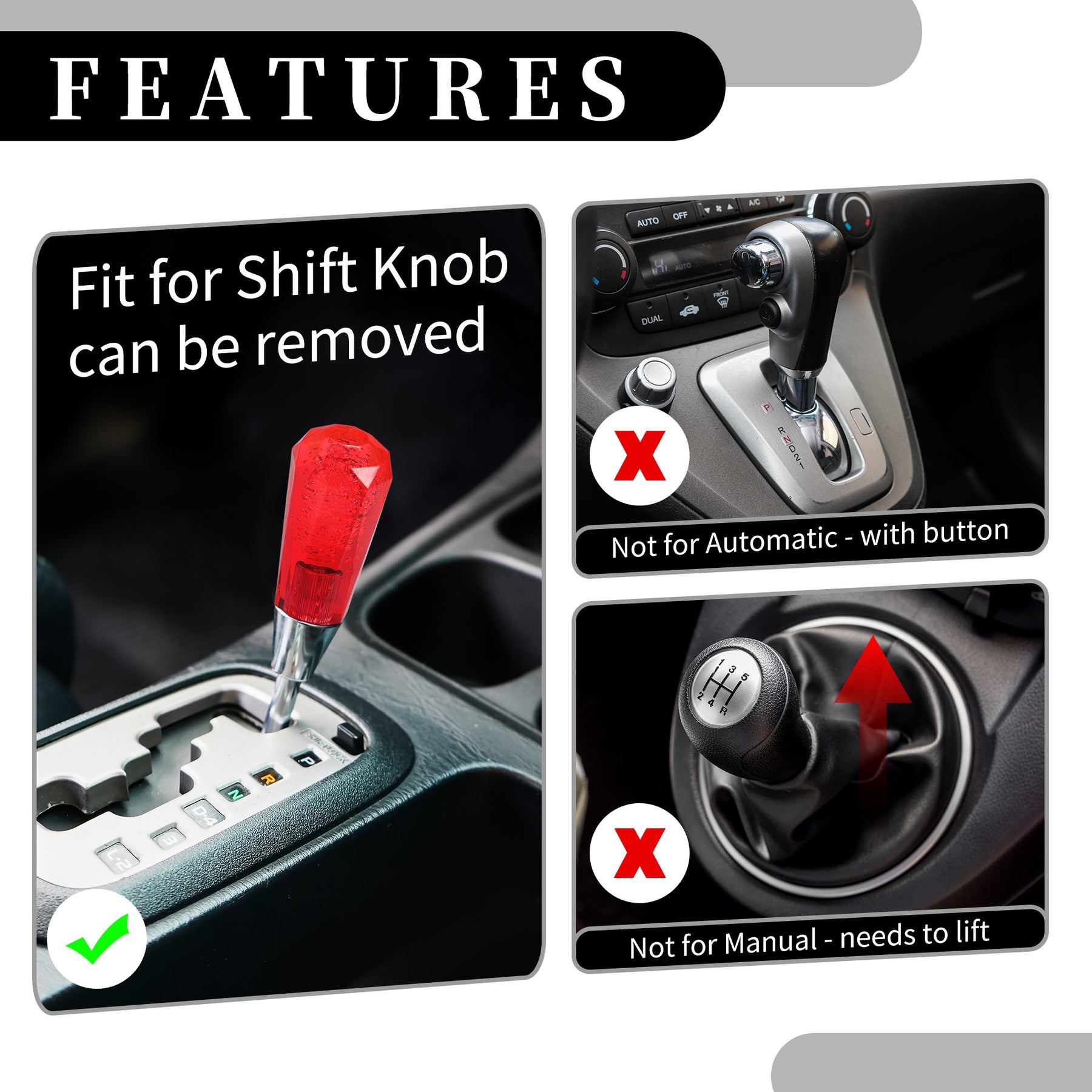 10cm Faux Crystal Automatic Manual Shift Knob w/ 2 Adapter Acrylic Red ...