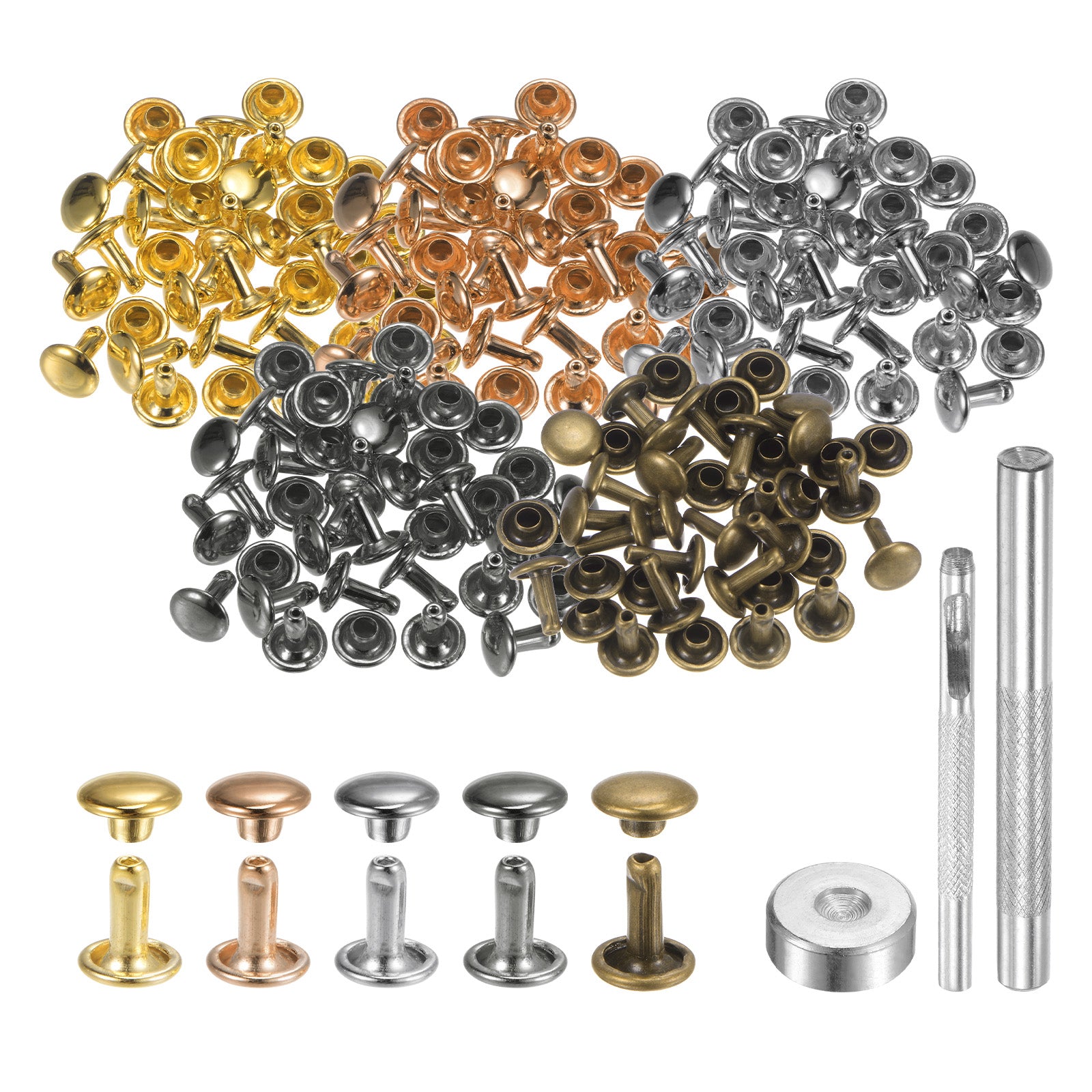 100 Sets Leather Rivets 7mm x 8mm Metal with 3 Setter Tools Multi ...