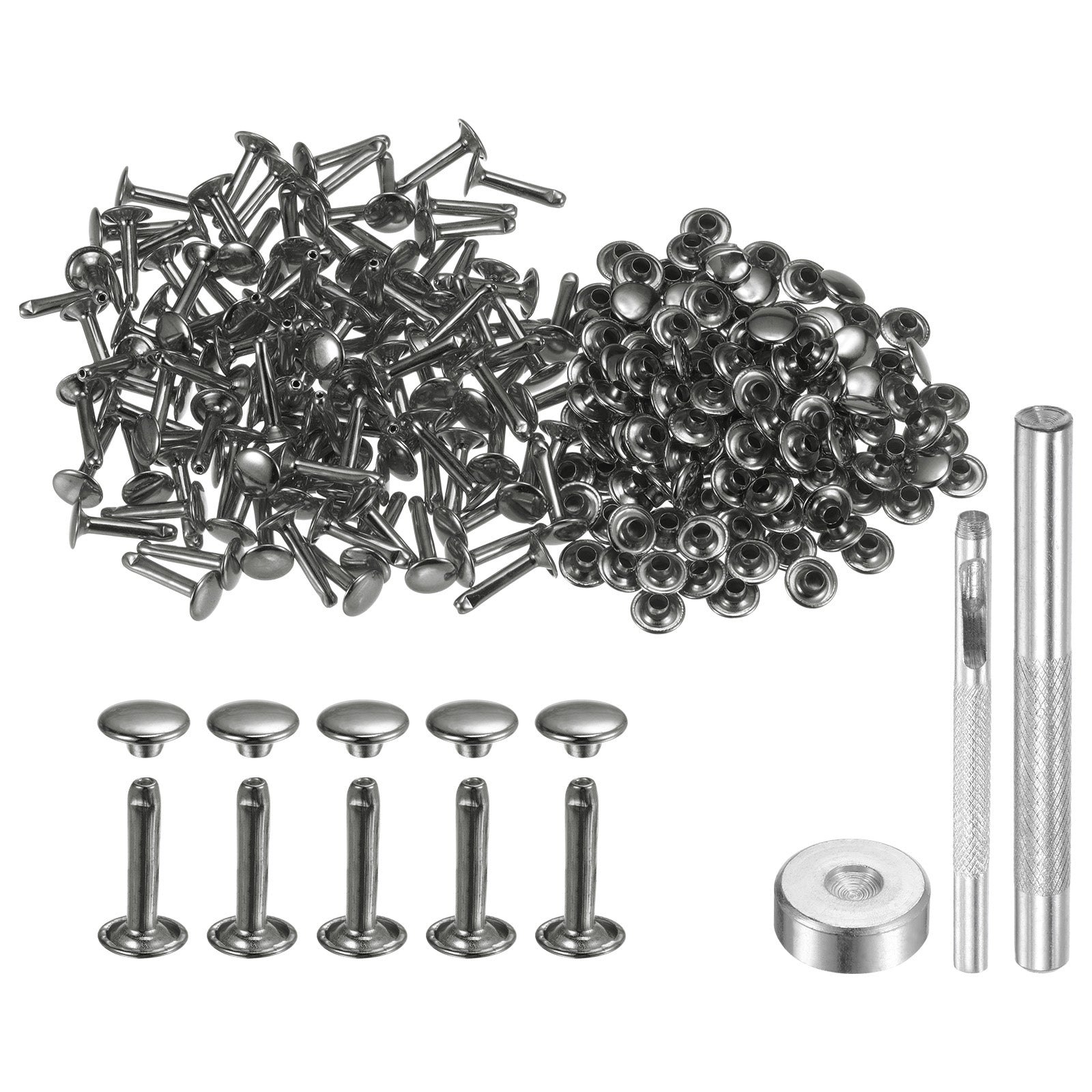 100 Sets Leather Rivets 9mm x 16mm Metal with 3 Setter Tools Gunmetal ...