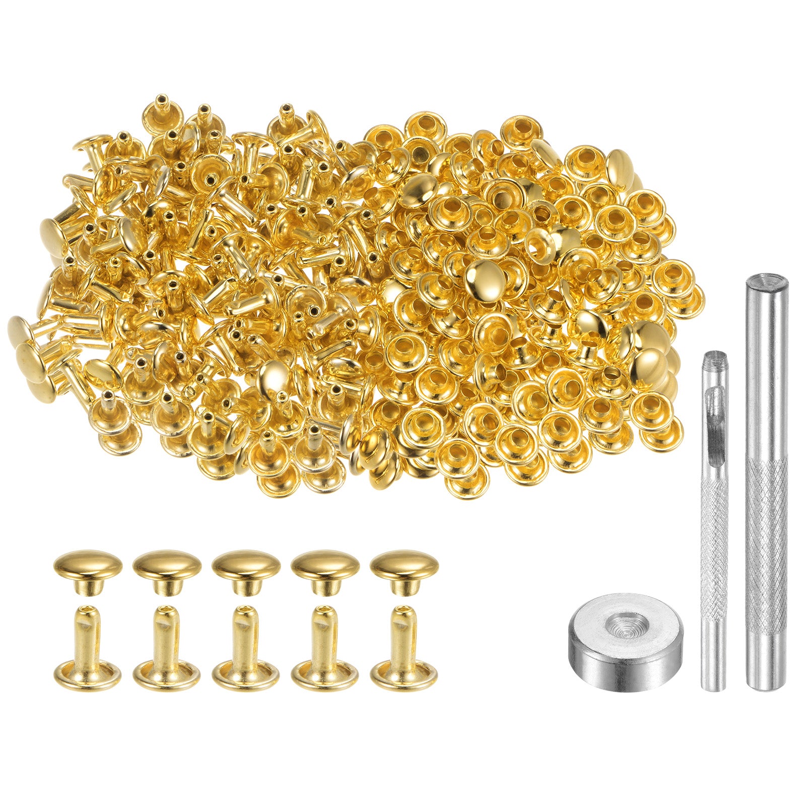 200 Sets Leather Rivets 7mm x 8mm Metal with 3 Setter Tools Gold Tone ...