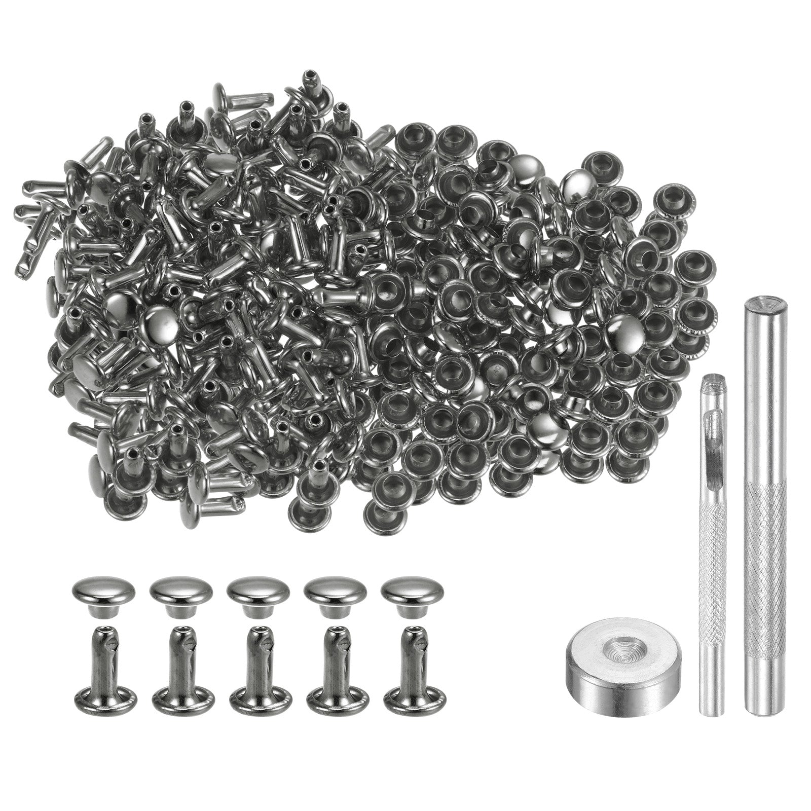 200 Sets Leather Rivets 6mm x 8mm with 3 Setter Tools Gunmetal | Harfington