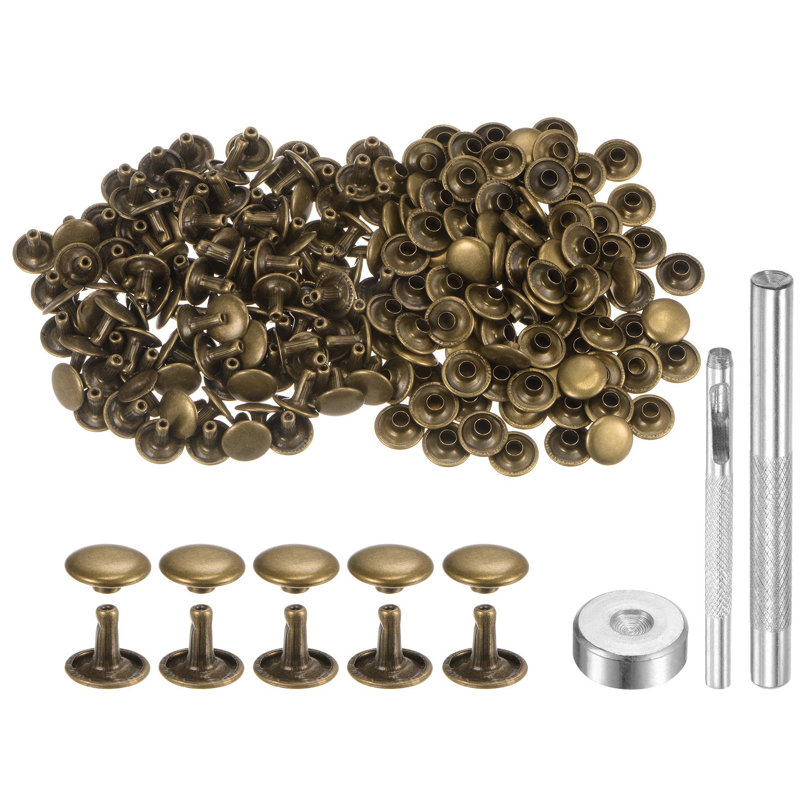 200 Sets Leather Rivets 10mm x 8mm Metal with 3 Setter Tools Bronze ...