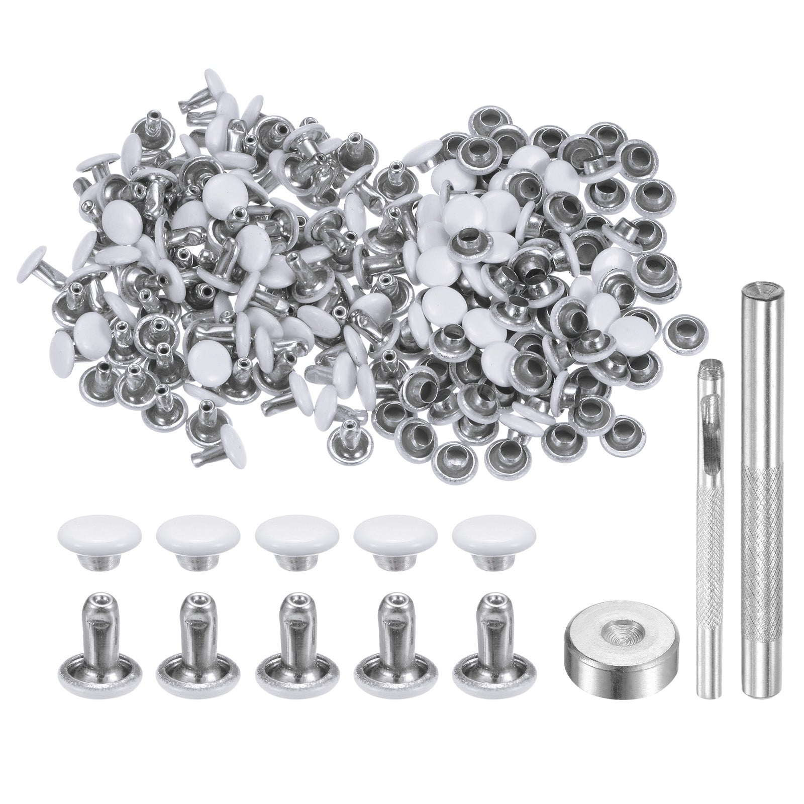 100 Sets Leather Rivets 6mm x 6mm Metal with 3 Setter Tools White ...
