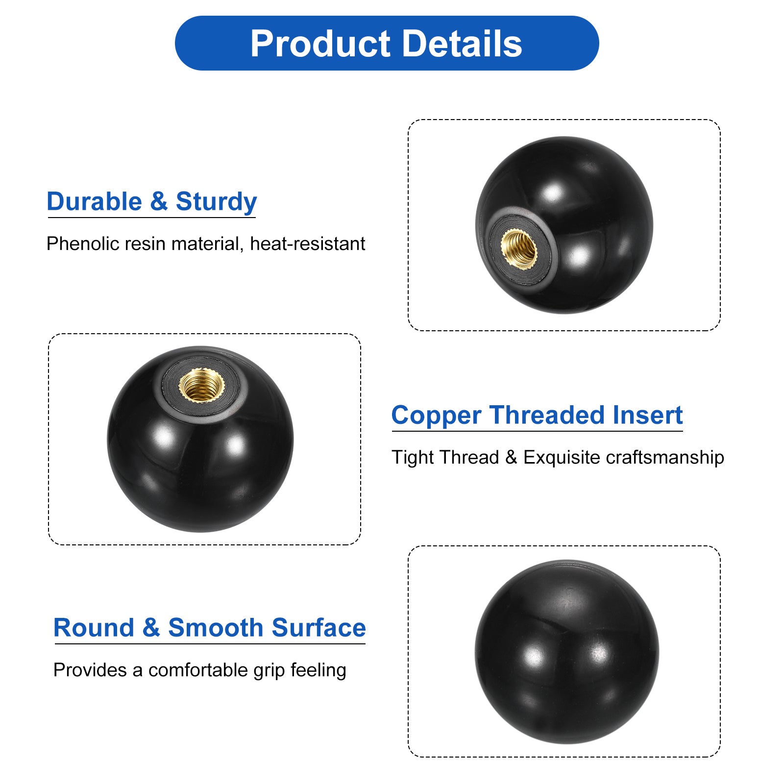 Uxcell M8 Copper Thread 40mm Dia Threaded Ball Knobs for Machine Handle ...
