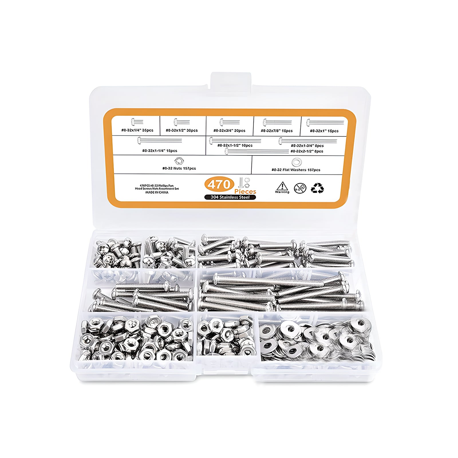 470PCS 304 Stainless Steel Round Flat Phillips Head Screw Nut Set #8-32 ...