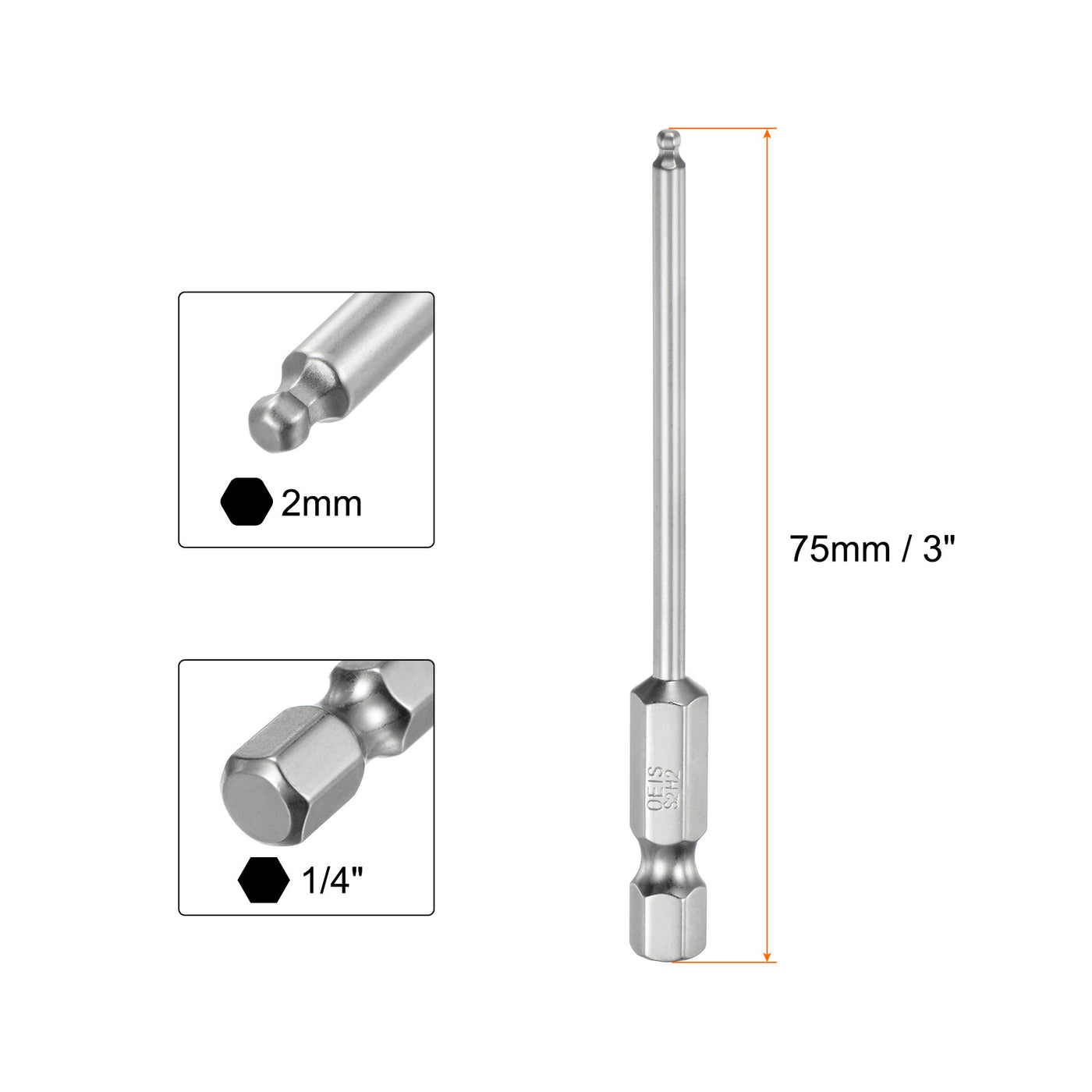 Ball End Hex Screwdriver Bit Set 2mm Magnetic 1/4" Hex Shank 3" Long ...