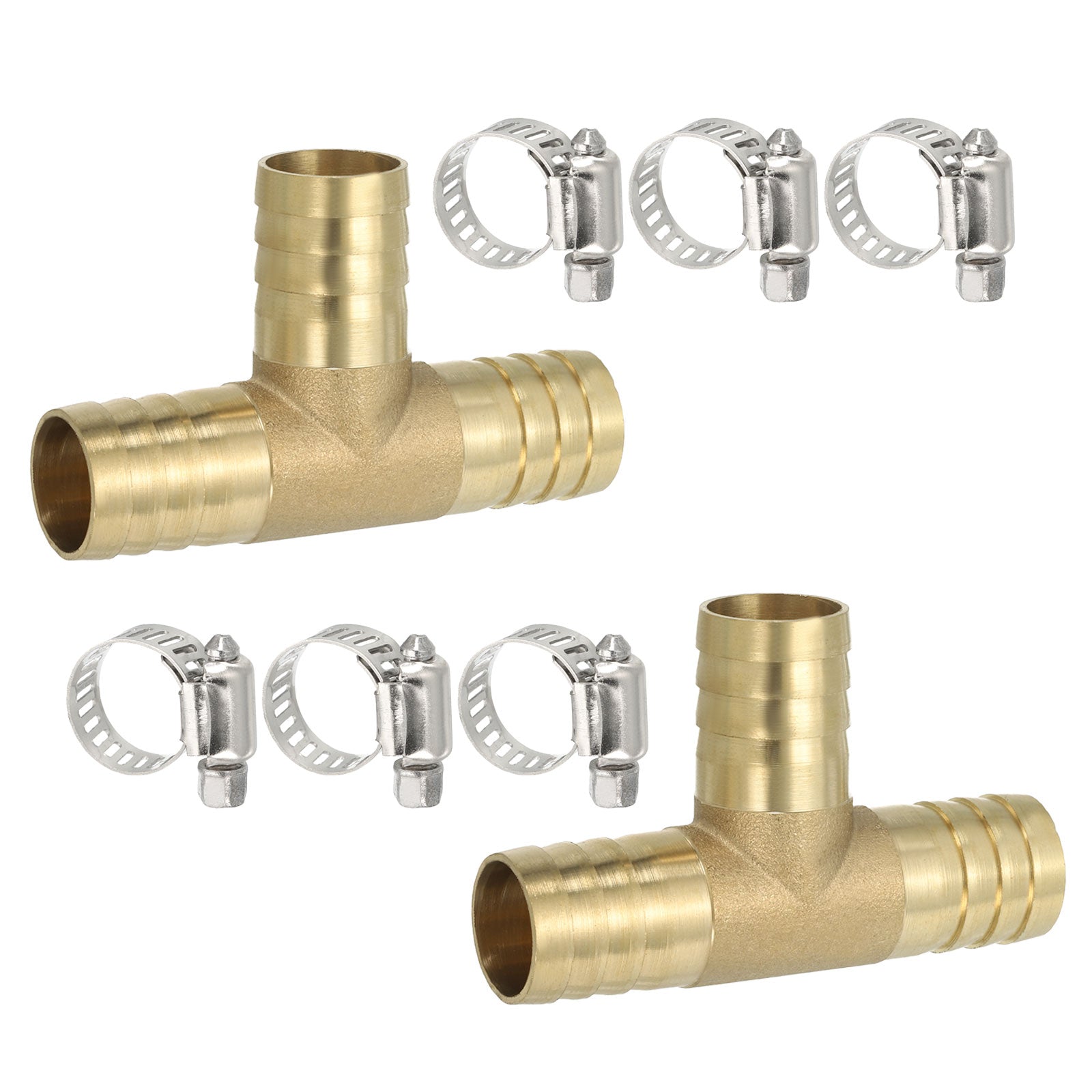 2 Pcs 5/8" Brass Tee Barb Hose Fitting Adapter Barbed Split with Clamps ...