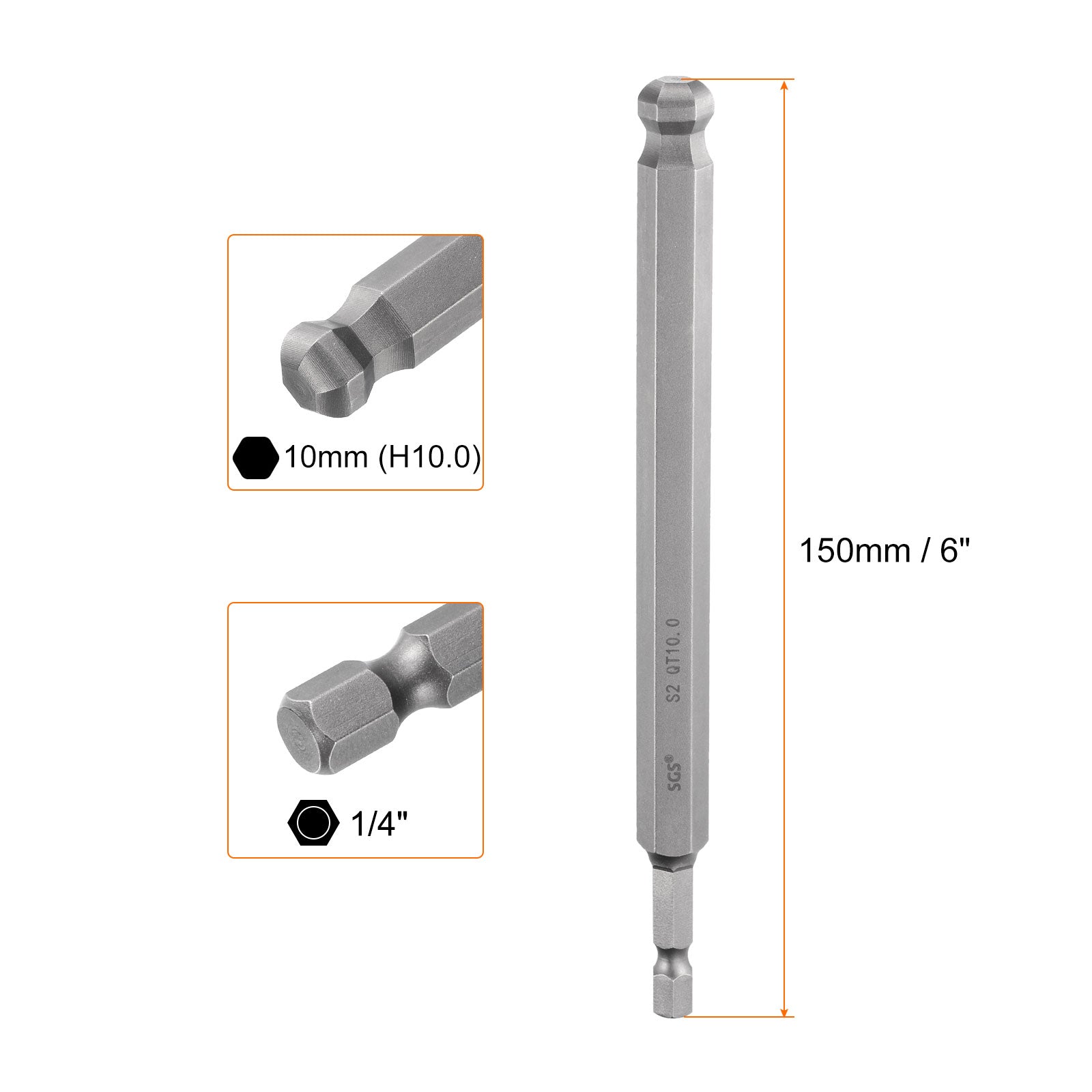 4pcs Ball End Hex Screwdriver Bit 10mm (H10.0) Magnetic Tip 1/4" Hex ...