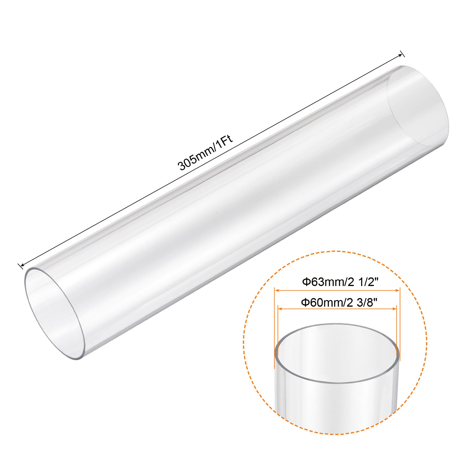 Uxcell 2pcs Clear Rigid Tubing 60mm ID x 63mm OD x 305mm Length Round ...