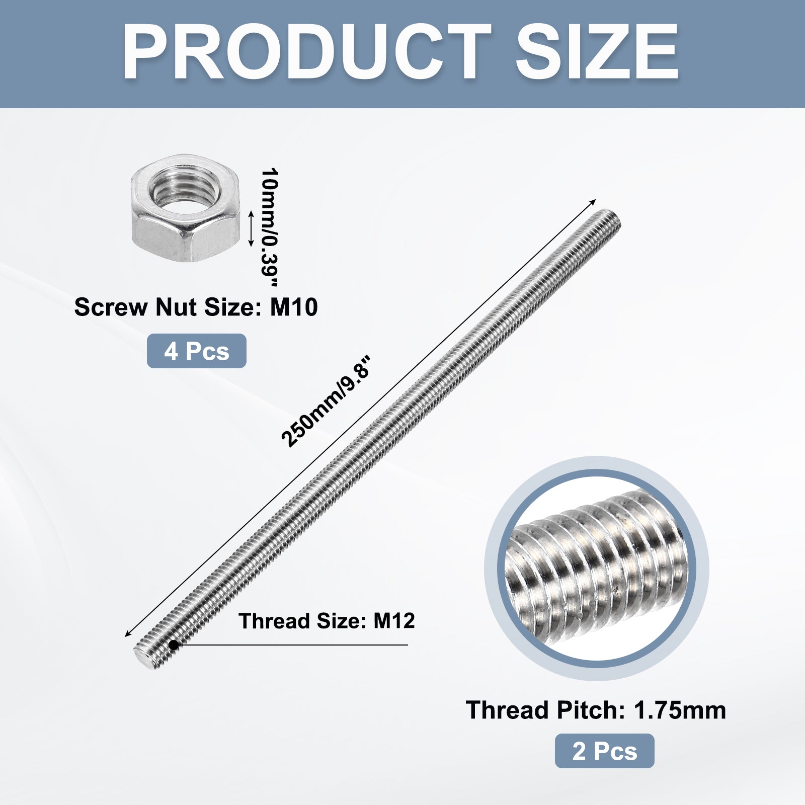 Fully Threaded Rod M12 x 250 1.75mm Pitch 304 Stainless Steel with ...