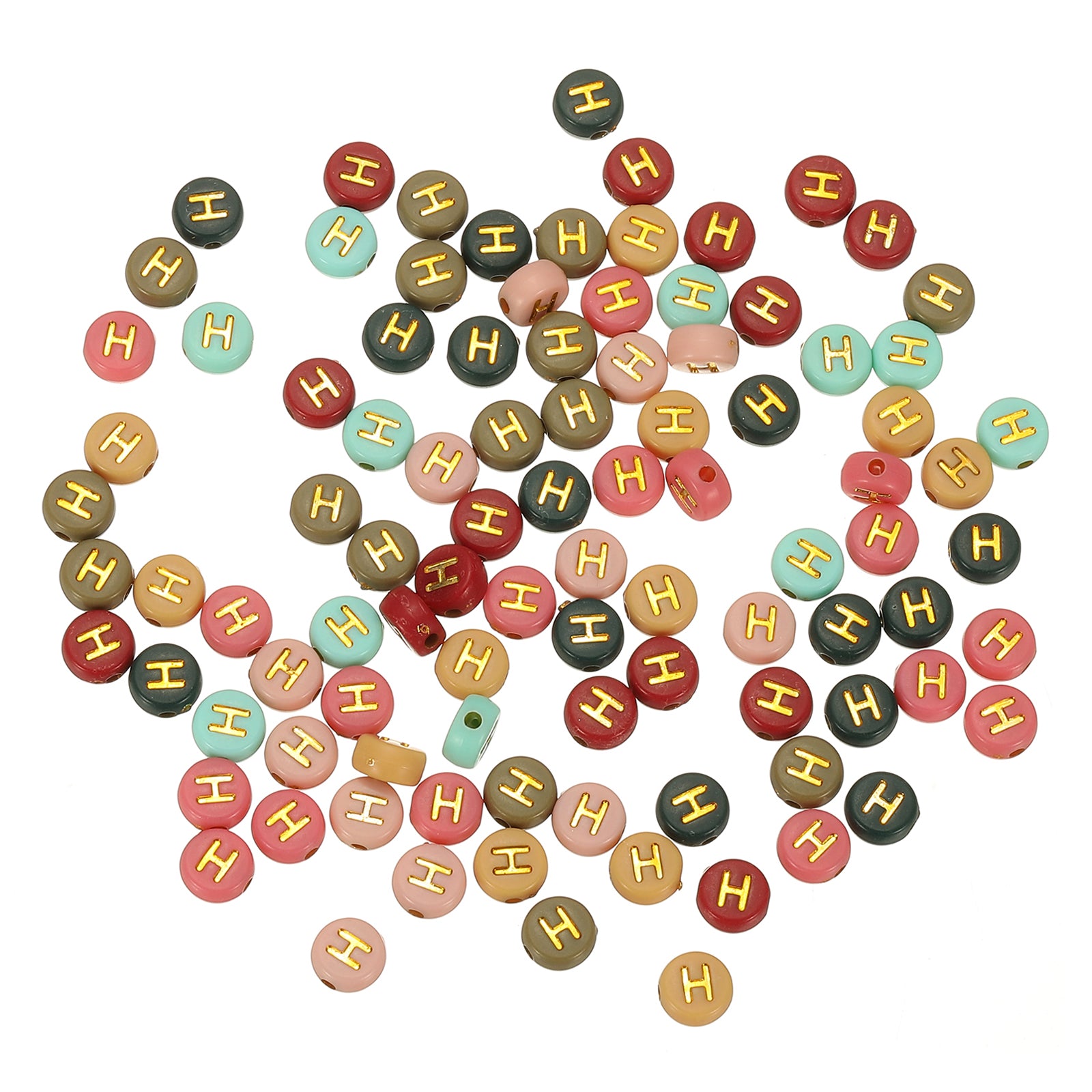 100 Pcs 4x7mm Colorful Round Acrylic Letter Beads with Golden Letter H ...