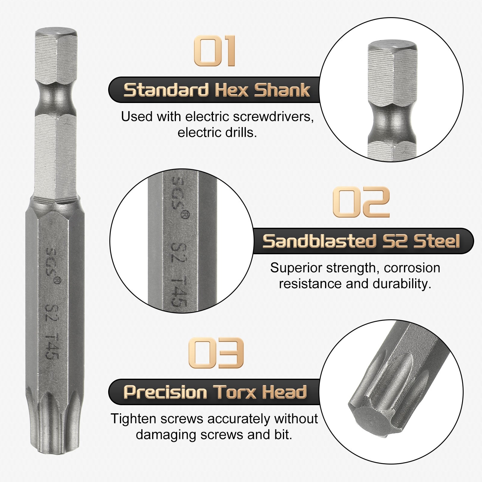 3pcs T45 Torx Head Screwdriver Bit 1/4" Hex Shank 2.6" Long Magnetic No ...