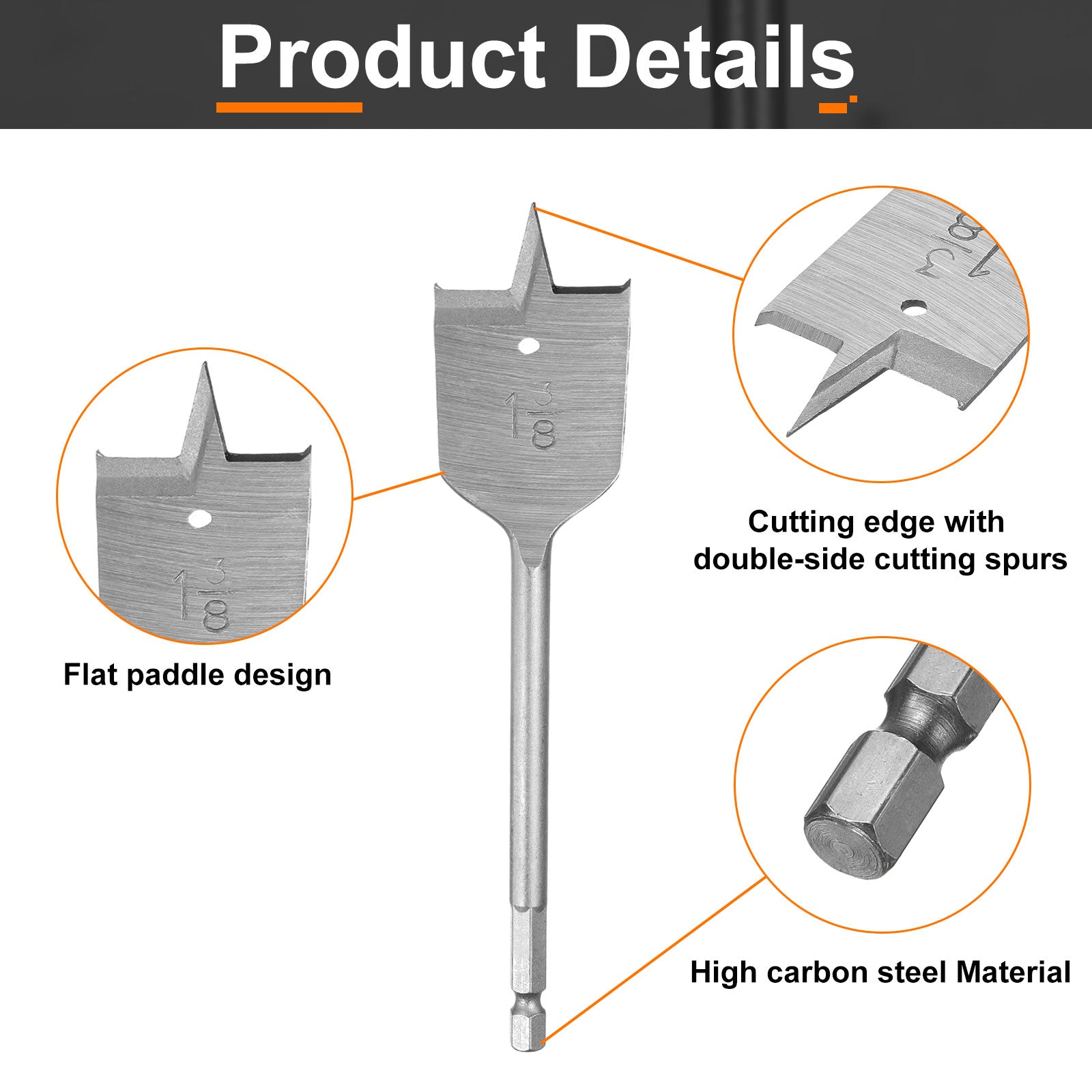 Spade Drill Bit 1-3/8" Paddle Flat Bits Wood Hole Cutter Silver Tone ...