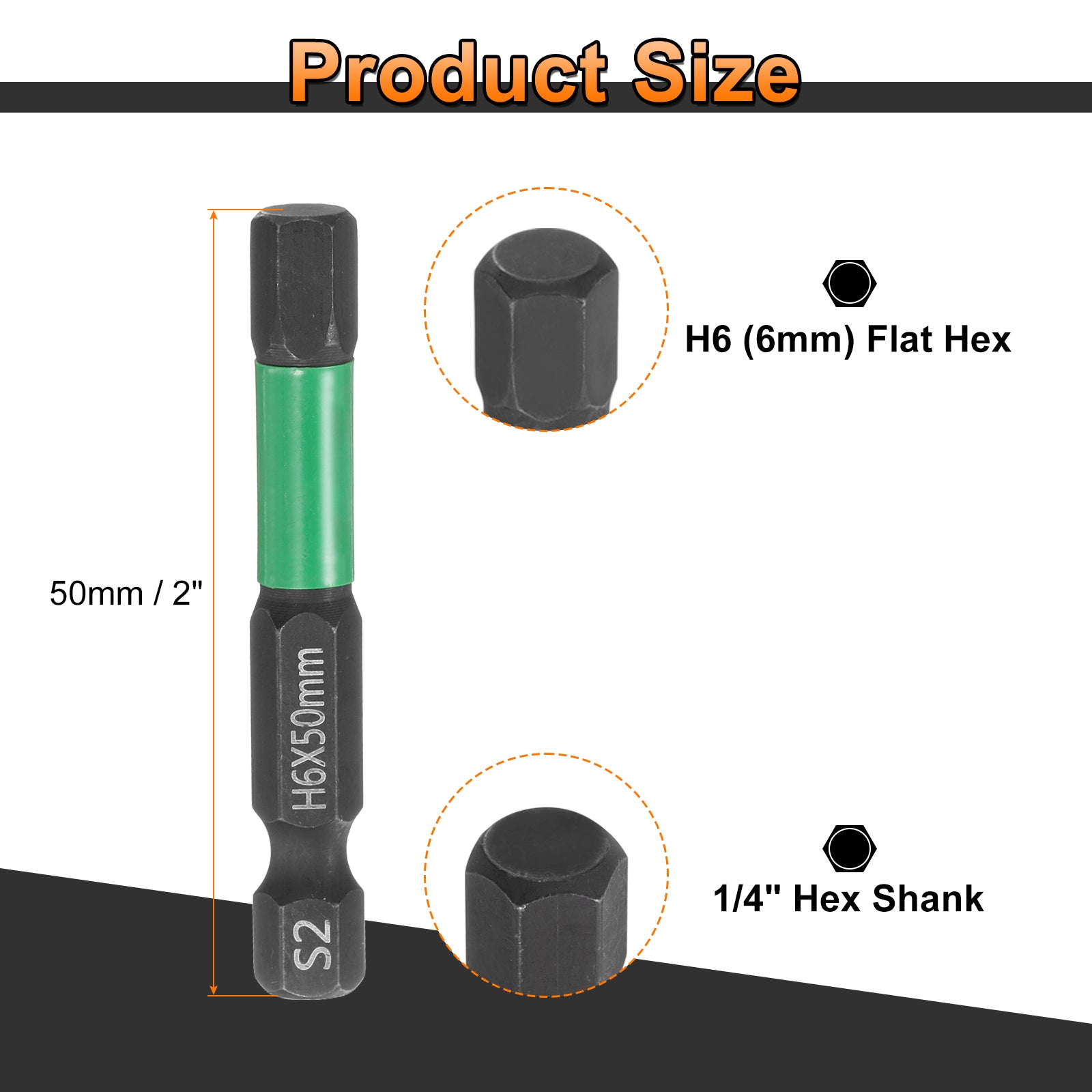 2pcs H6 Flat Hex Screwdriver Bit 6mm Tip 1/4" Shank 2" Long Black ...