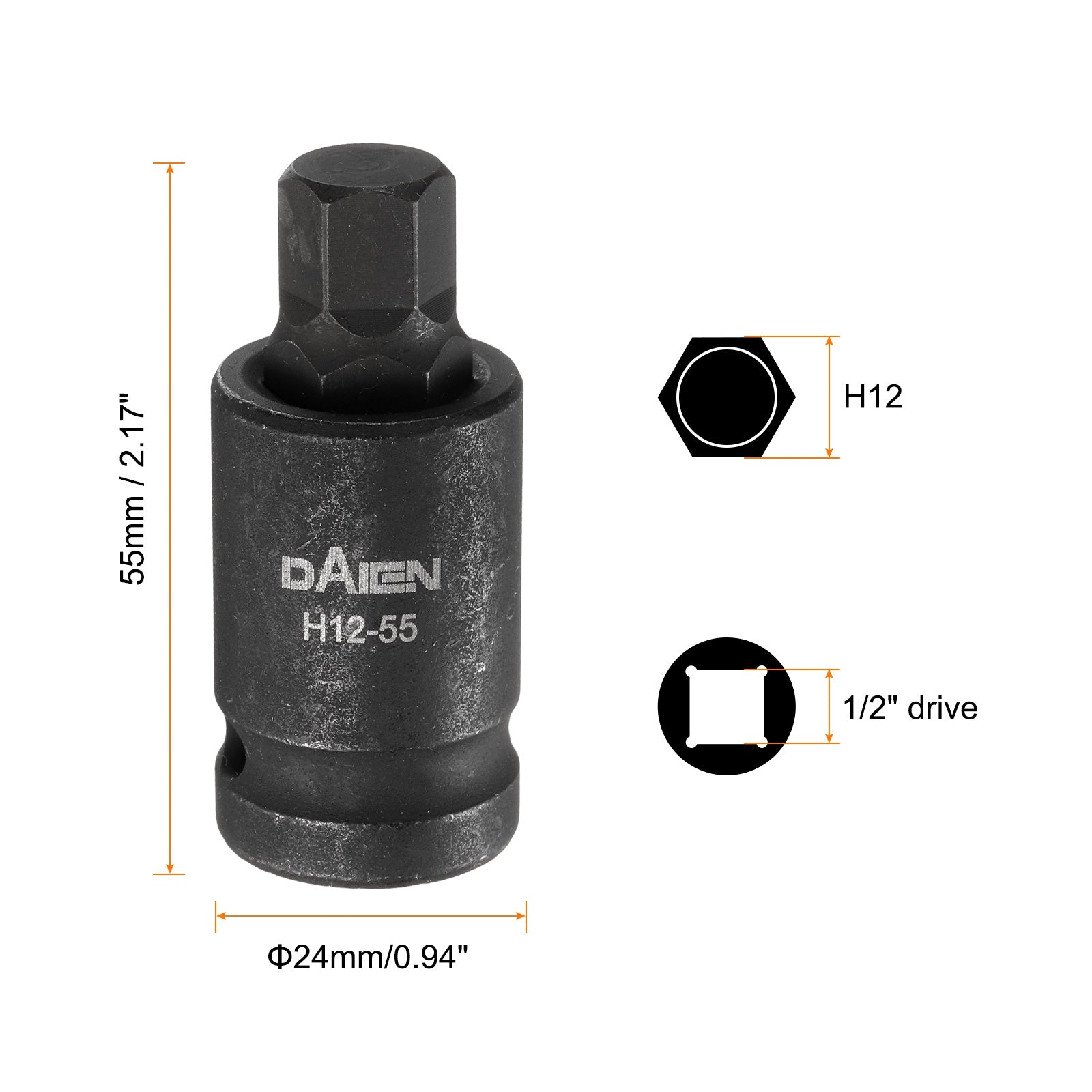 2pcs H12 Hex Bit Socket 55mm/2.17" Length 1/2" Square Drive Metric ...