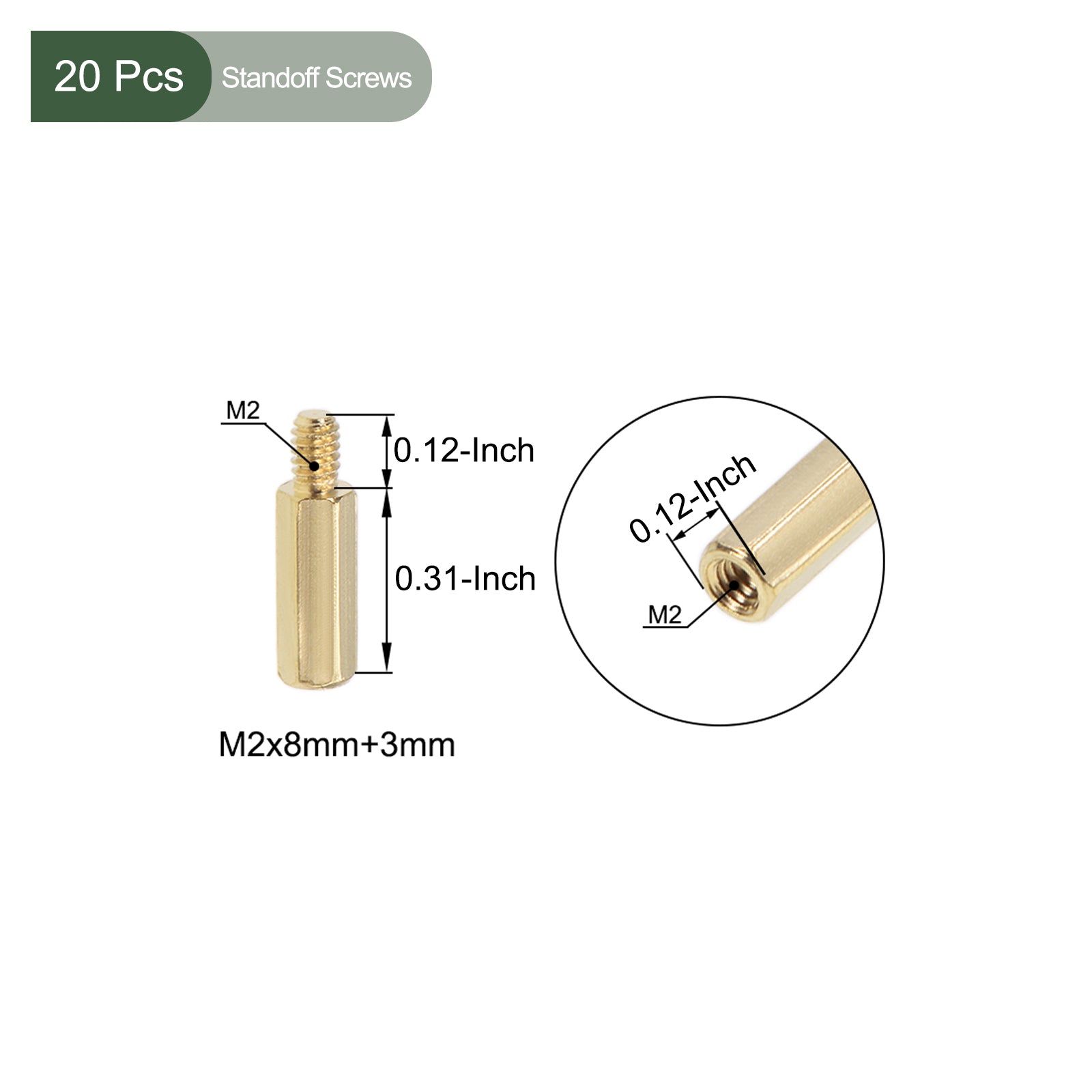 20 Pcs M2 Standoff Screws, Brass Hex PCB Standoffs (Gold Tone, 8mm+3mm ...