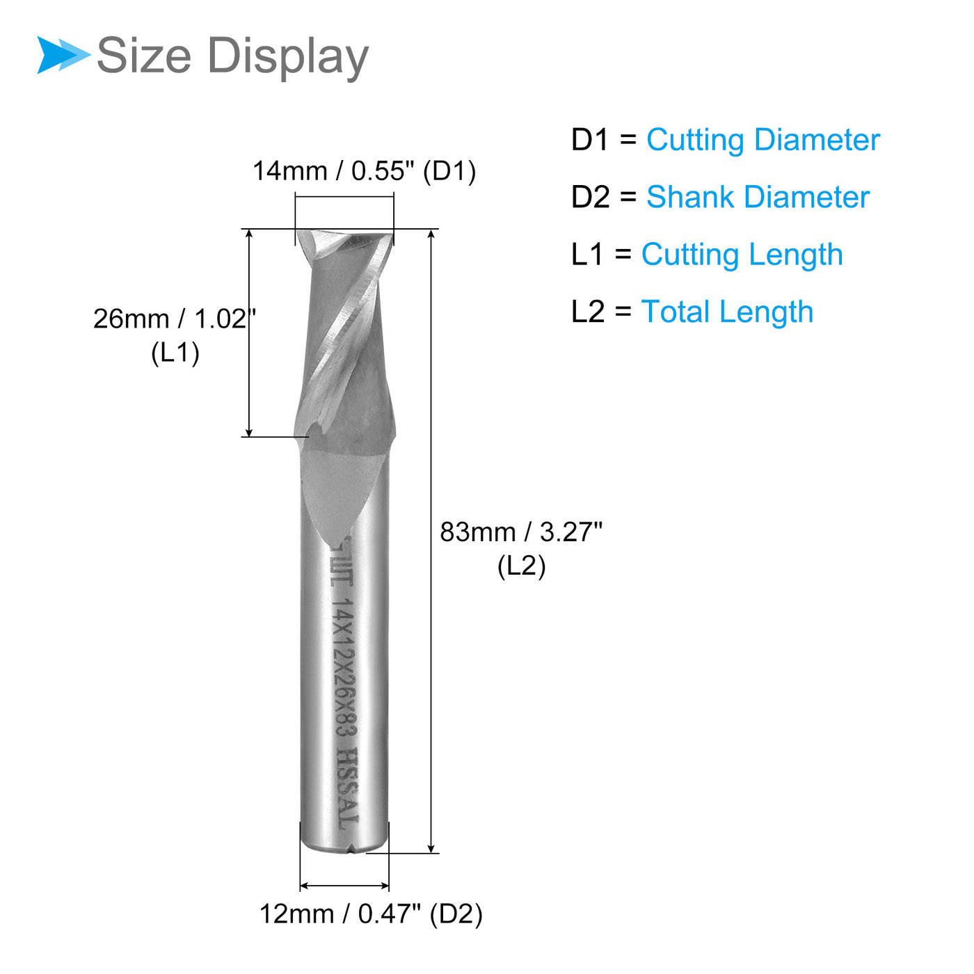 12mm Shank 14mm x 26mm HSS-AL 2 Flutes Square Nose End Mill Milling ...