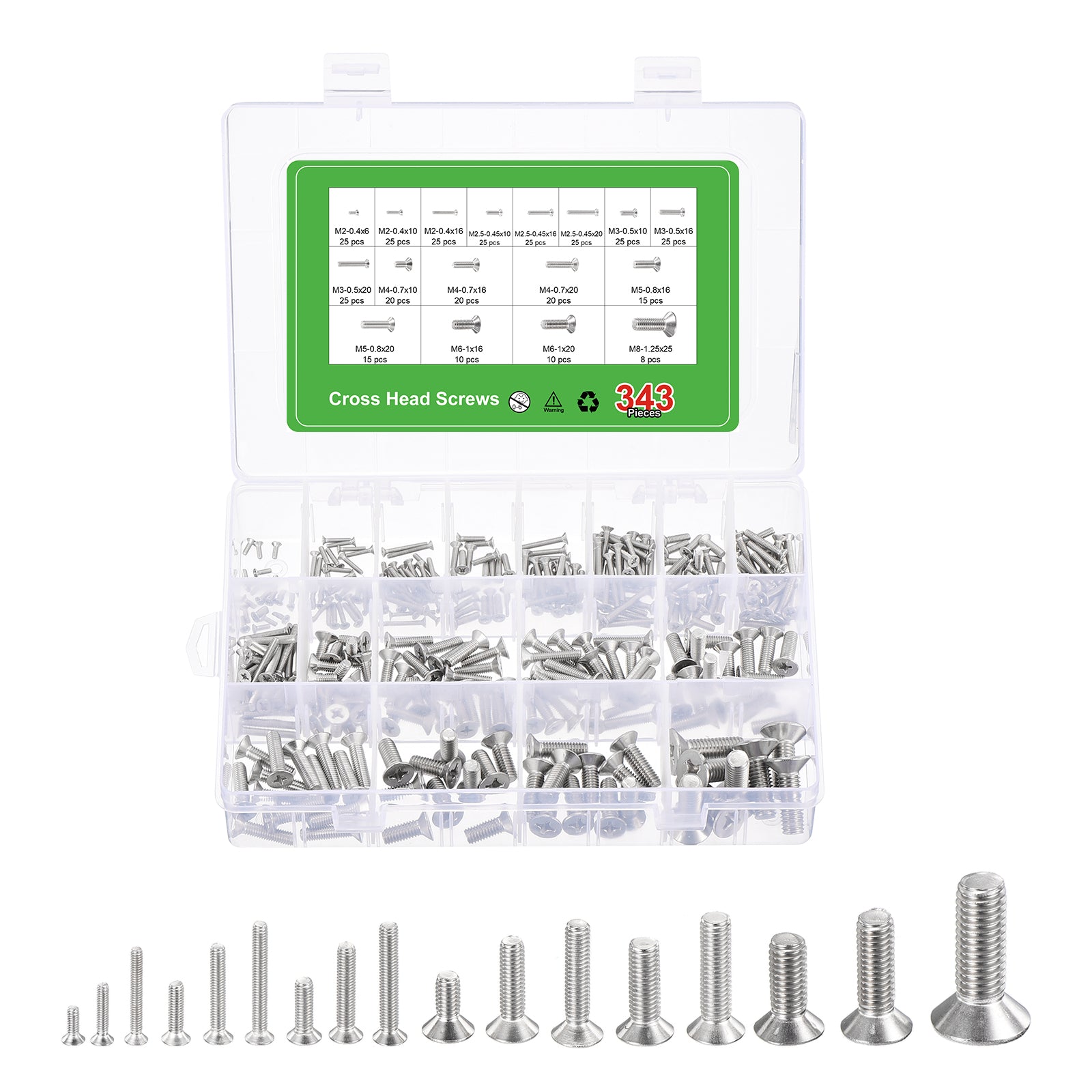 Uxcell 343 Pcs M2~M8 Machine Screw Phillips Cross Head Screw Assortment ...