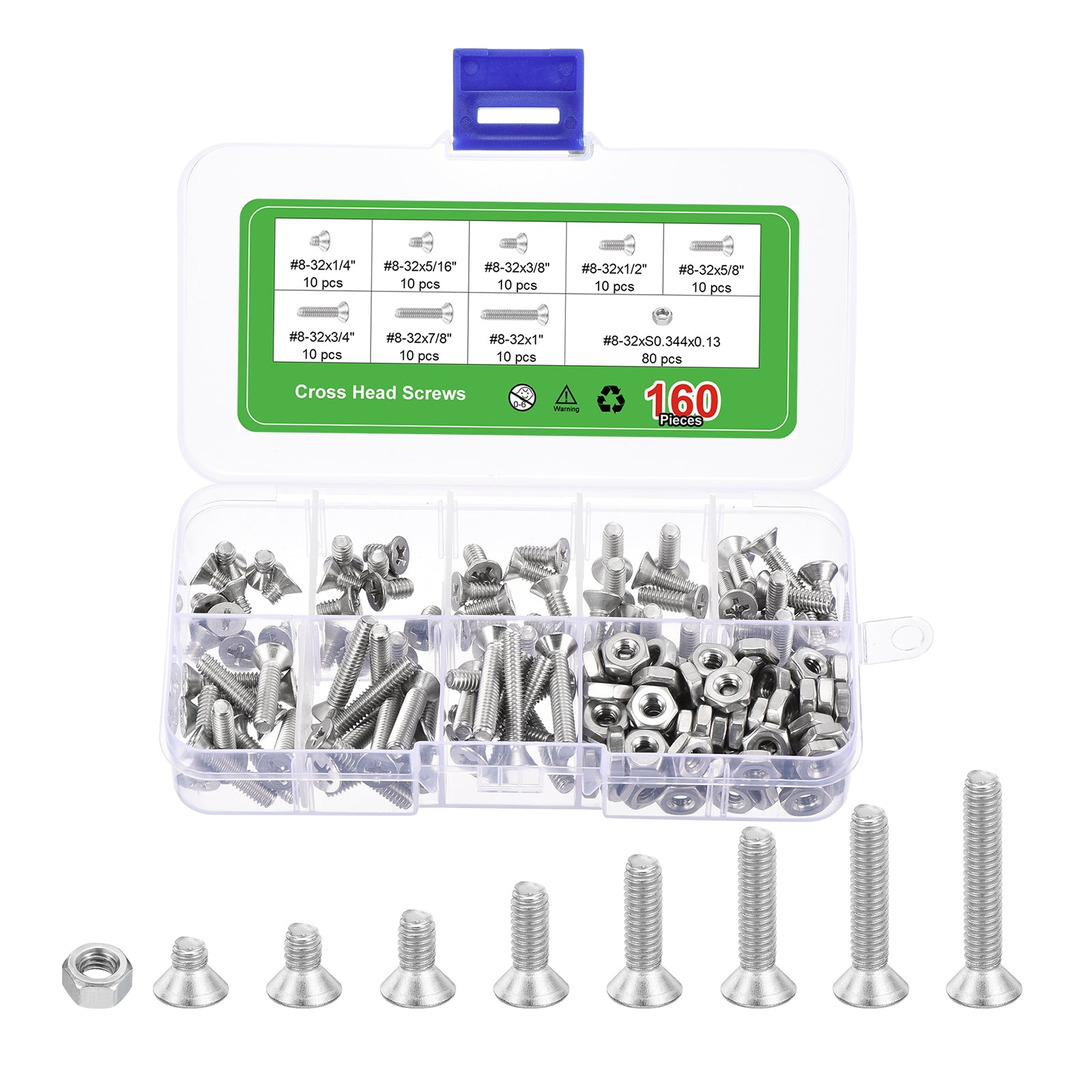 Uxcell 160 Pcs #8 Machine Screw Phillips Cross Head Screw Assortment ...