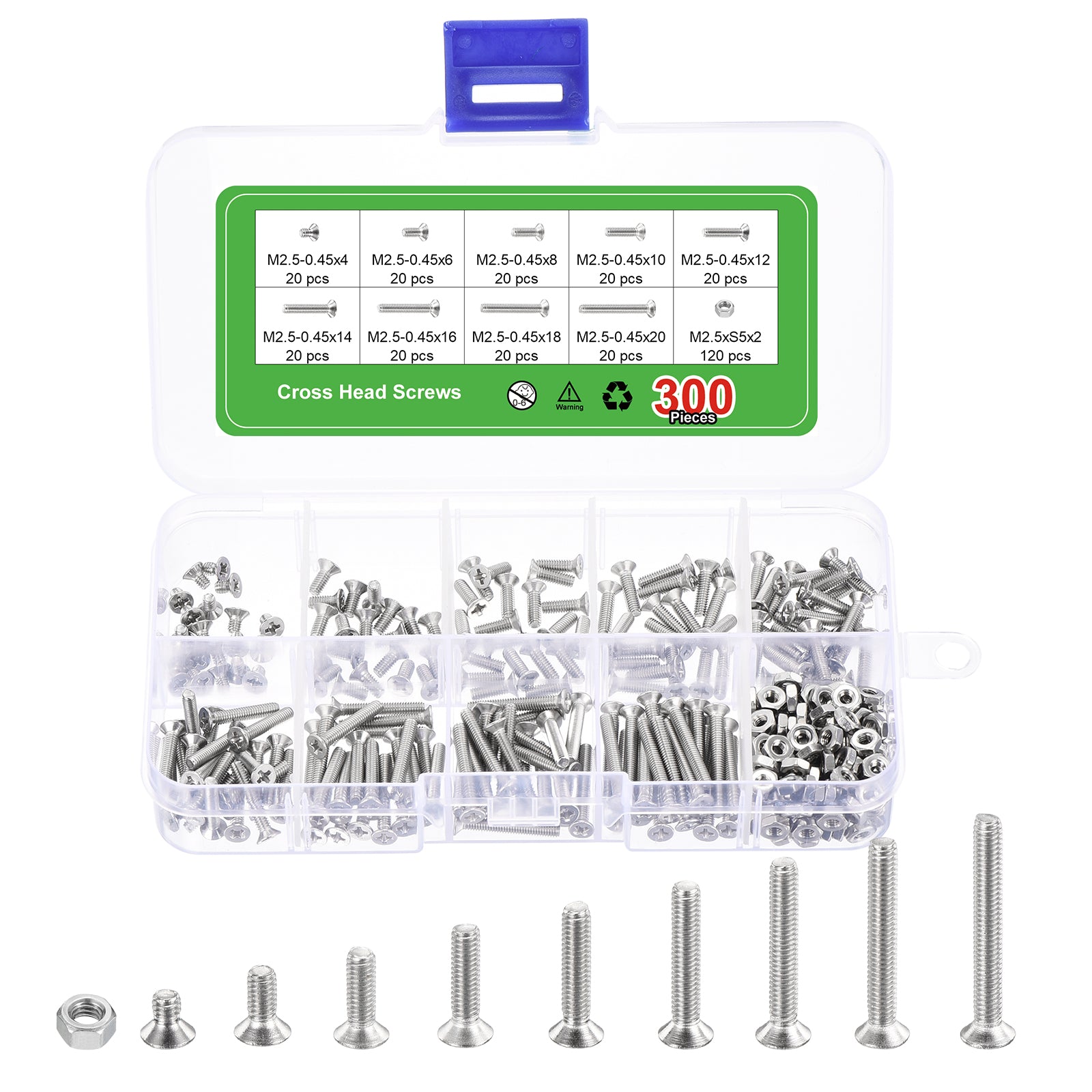 Uxcell 300 Pcs M2.5 Machine Screw Phillips Cross Head Screw Assortment ...