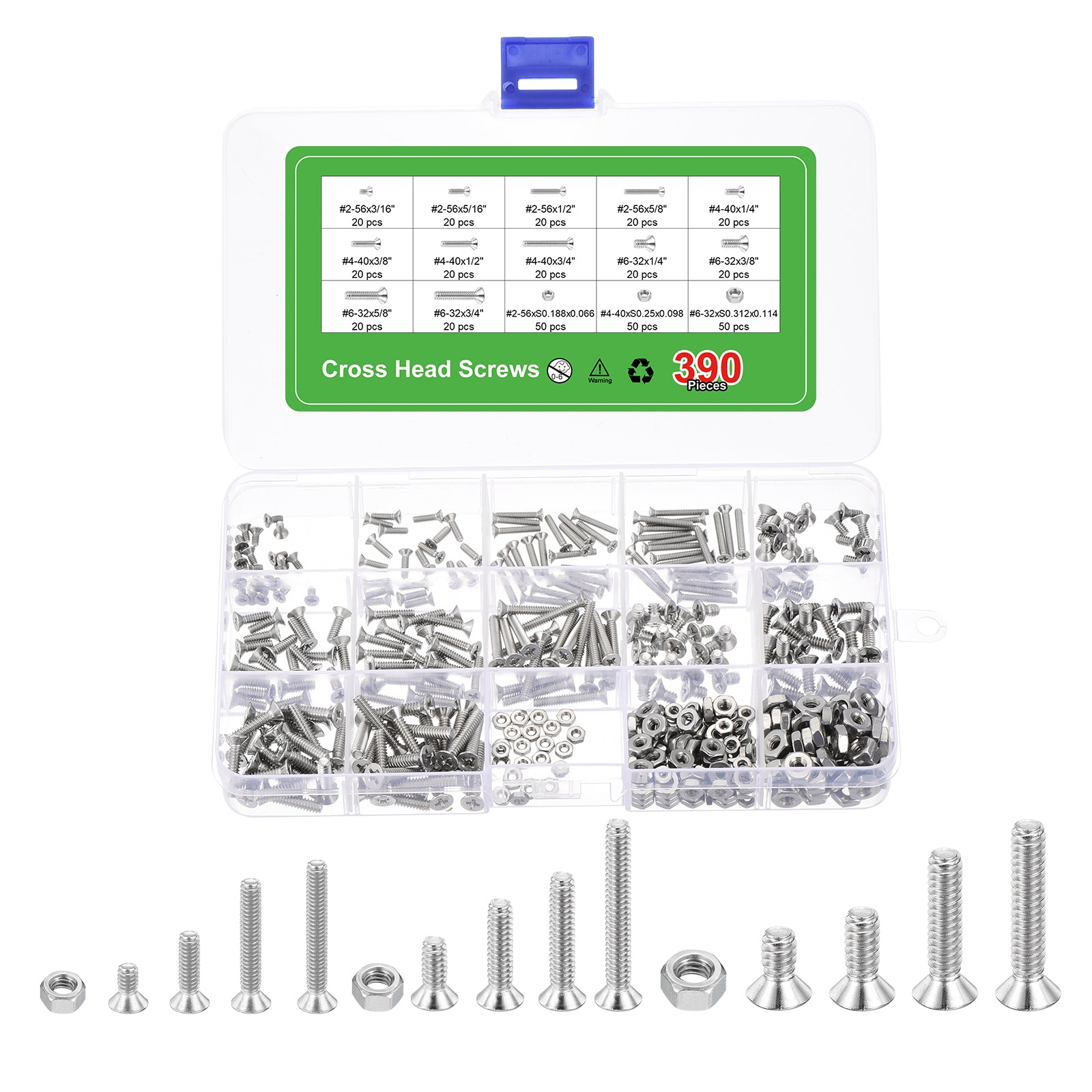 Uxcell 390 Pcs #2~6 Machine Screw Phillips Cross Head Screw Assortment ...