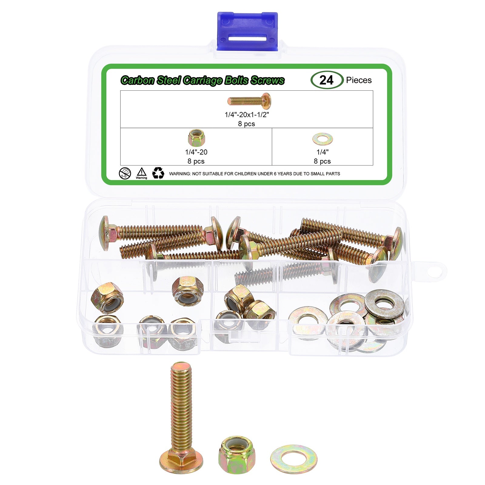 Uxcell 8 Set Carriage Bolts and Nuts Kit, 1/4"-20x1-1/2" Carriage Bolts ...