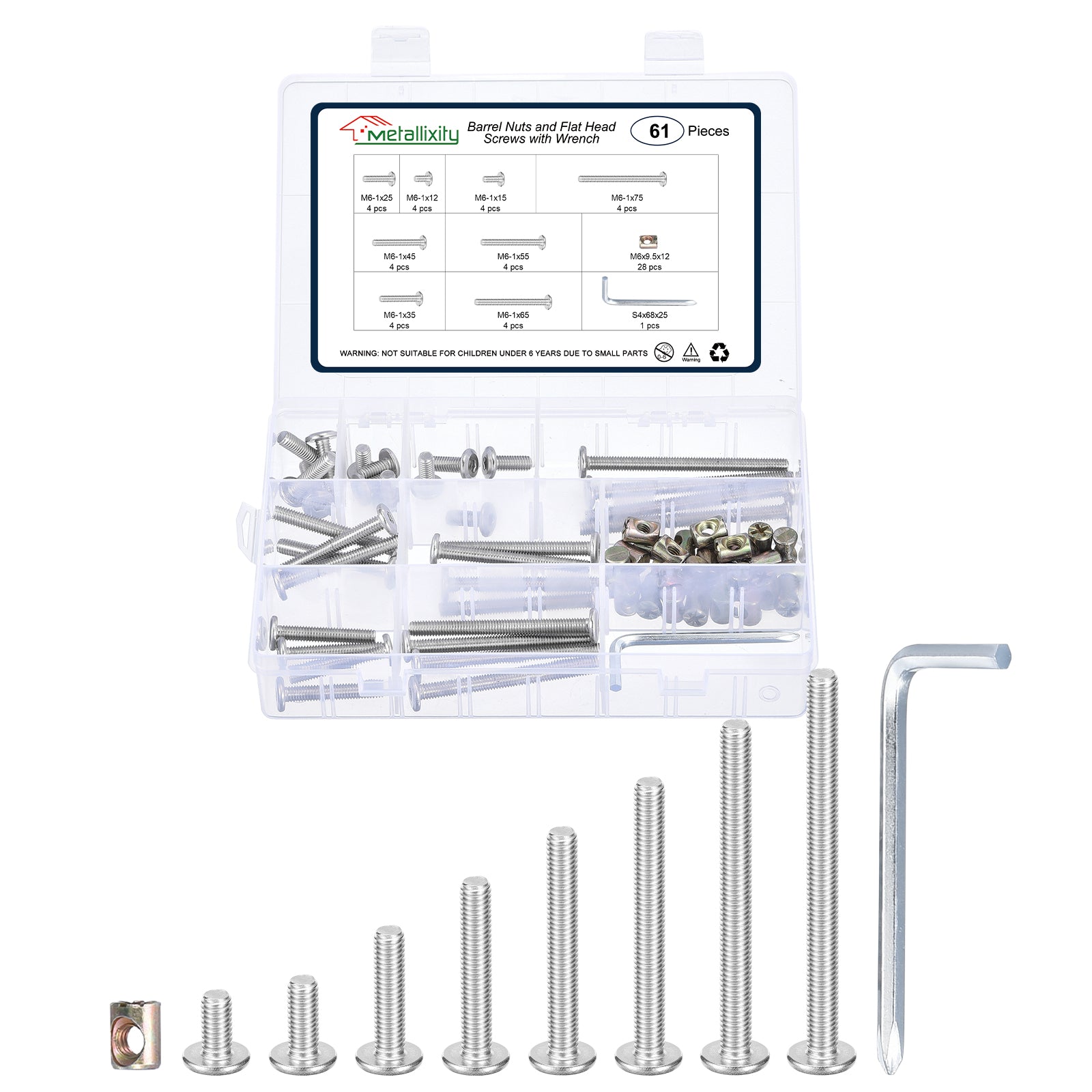 Connector Bolt(M6-1x12/15/25/35/45/55/65/75) 61Pcs, Silver, 304 ...