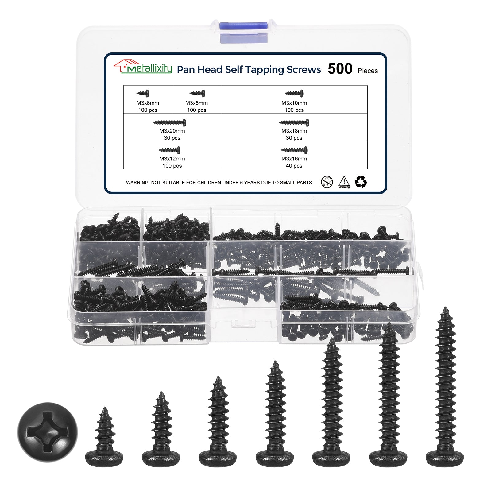 Pan Head Self Tapping Screws(M3) 500Pcs, Black | Harfington
