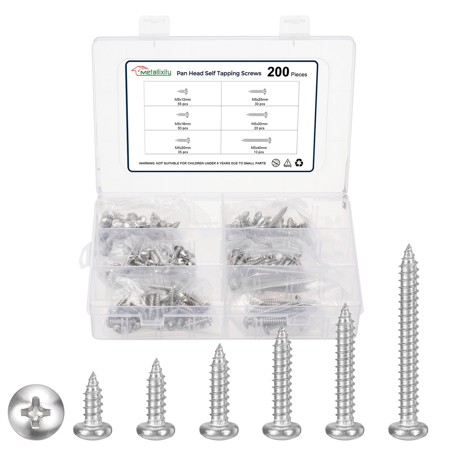 Pan Head Self Tapping Screws(M5) 200Pcs, Silver Tone | Harfington