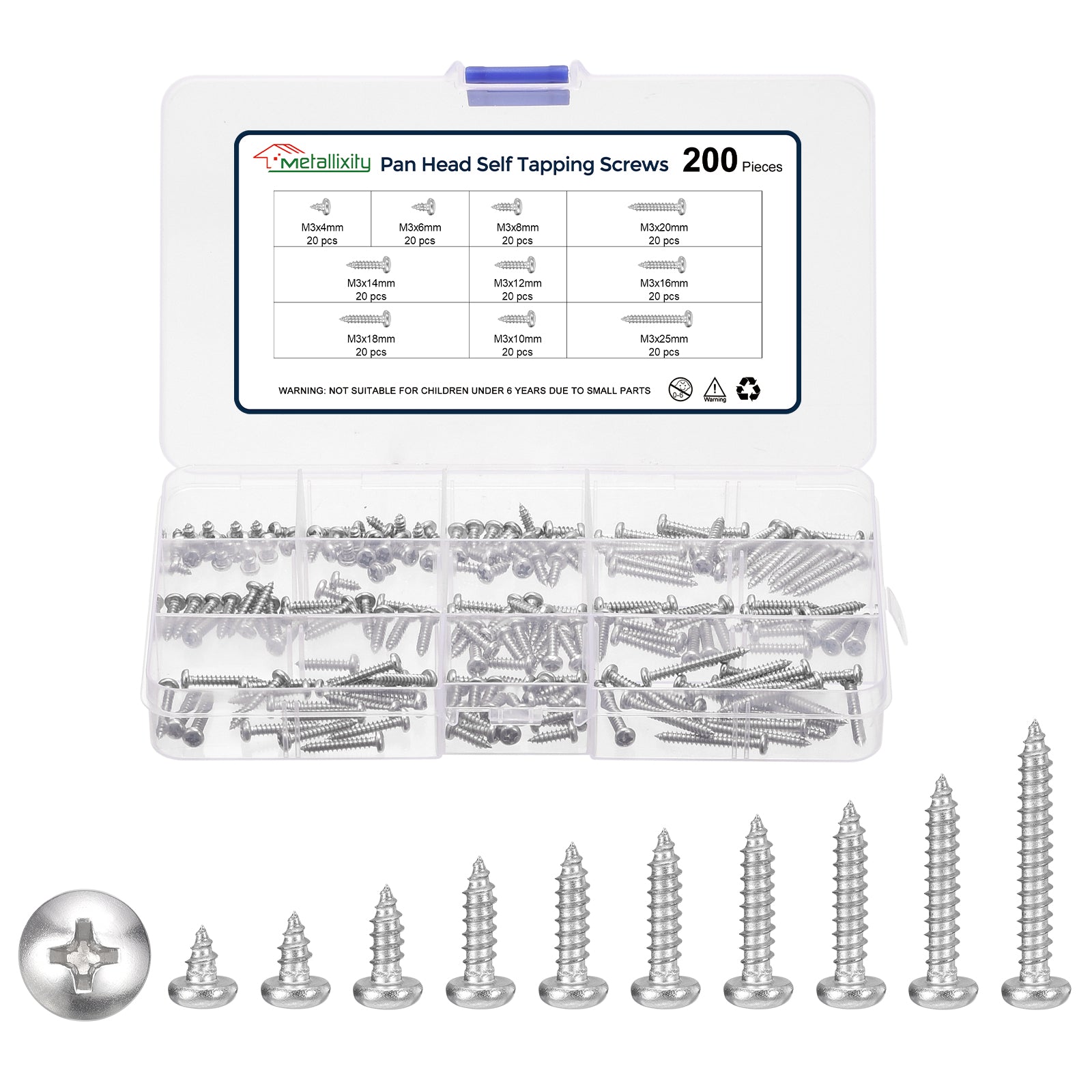 Pan Head Self Tapping Screws(M3) 200Pcs, Silver Tone | Harfington