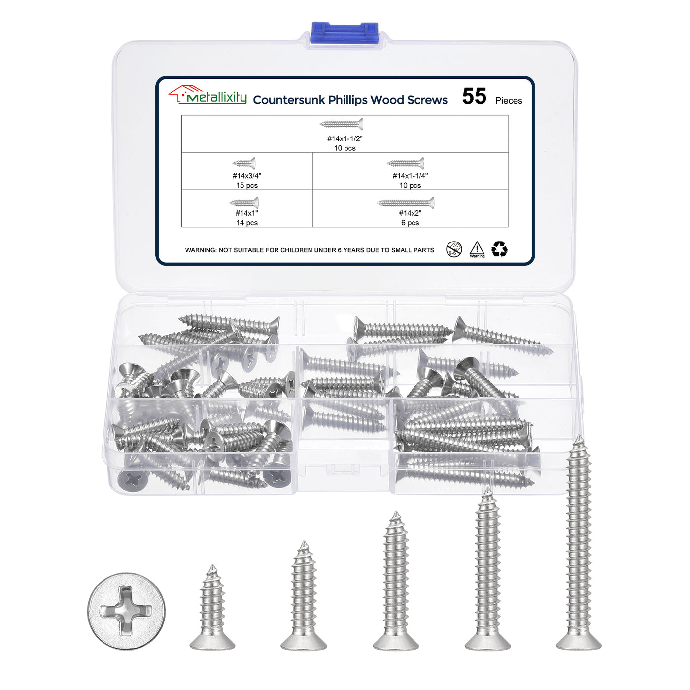 Cross Recessed Screw Kit #14 55Pcs, Stainless Steel, Silver | Harfington