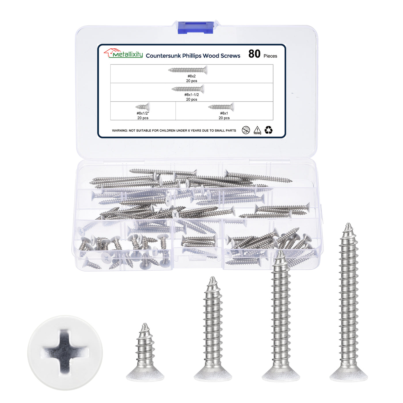 Cross Recessed Screw Kit #8 80Pcs,Stainless Steel,White Head | Harfington