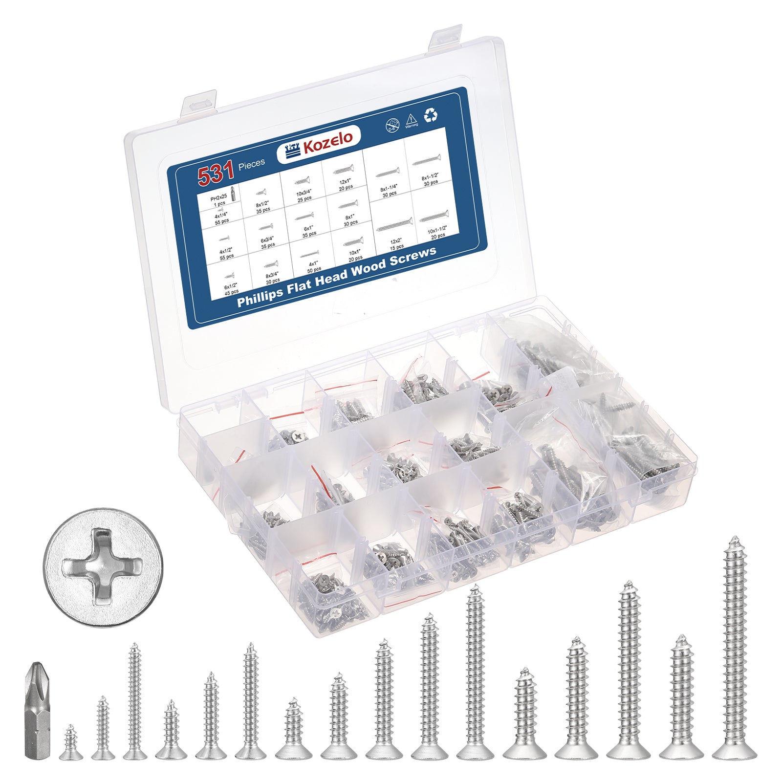531pcs Phillips Flat Head Wood Screws with Bit - [#4,#6,#8,#10,#12 ...