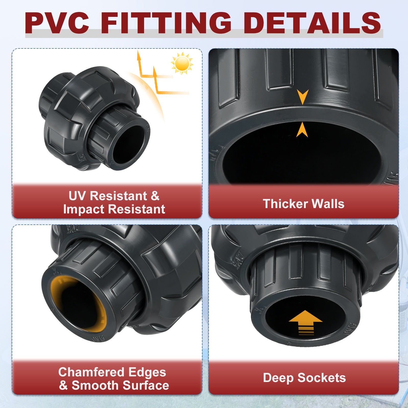 2Pcs 1 1/2" UPVC Union Coupling Pipe Fitting, SCH80 Socket Slip Union ...