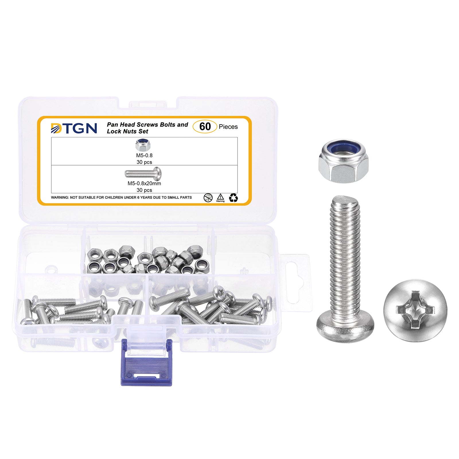 M5-0.8x20 Pan Head Screws Bolts Nylon Insert Nuts Kit - 60pcs ...