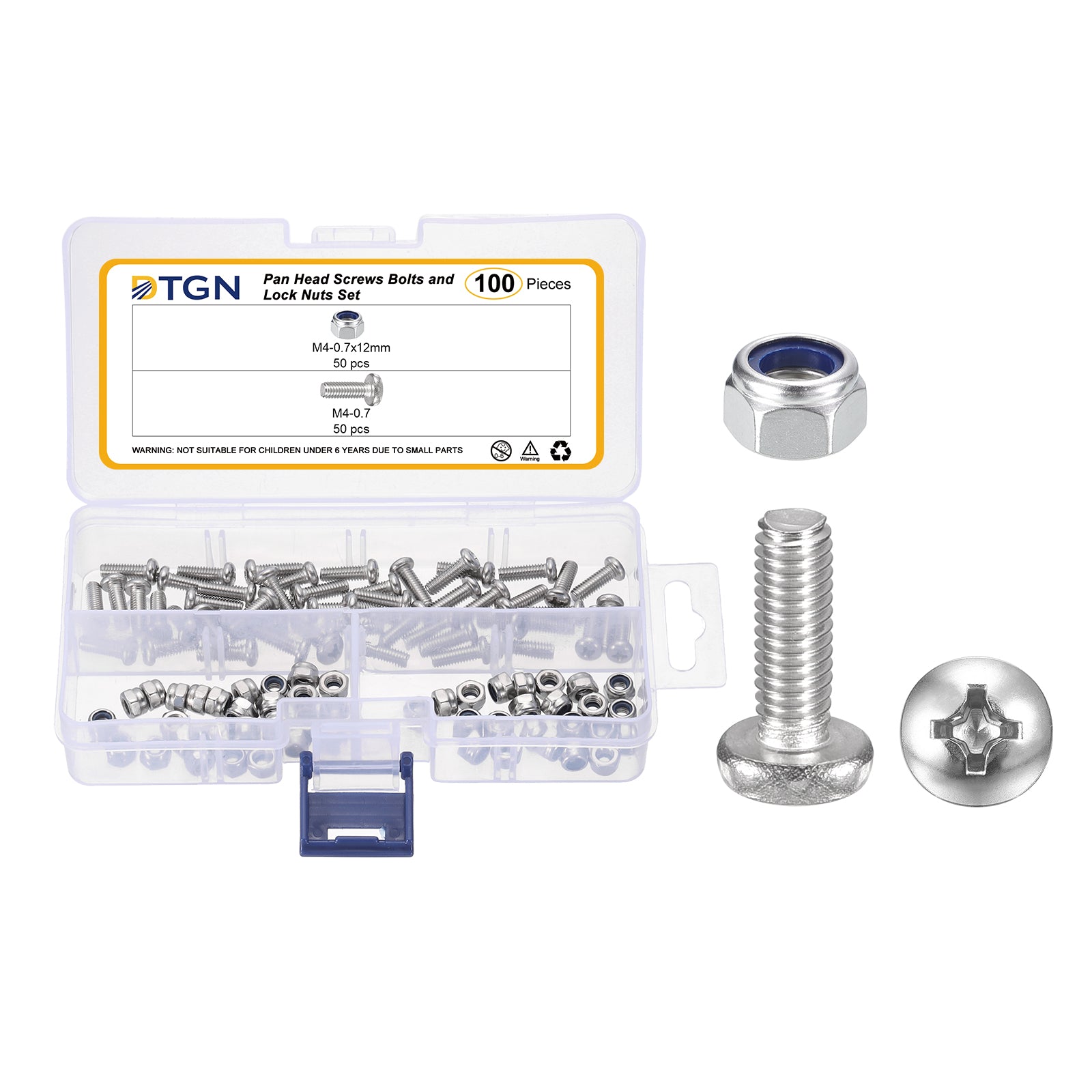 M4-0.7x12 Pan Head Screws Bolts Nylon Insert Nuts Kit - 100pcs ...