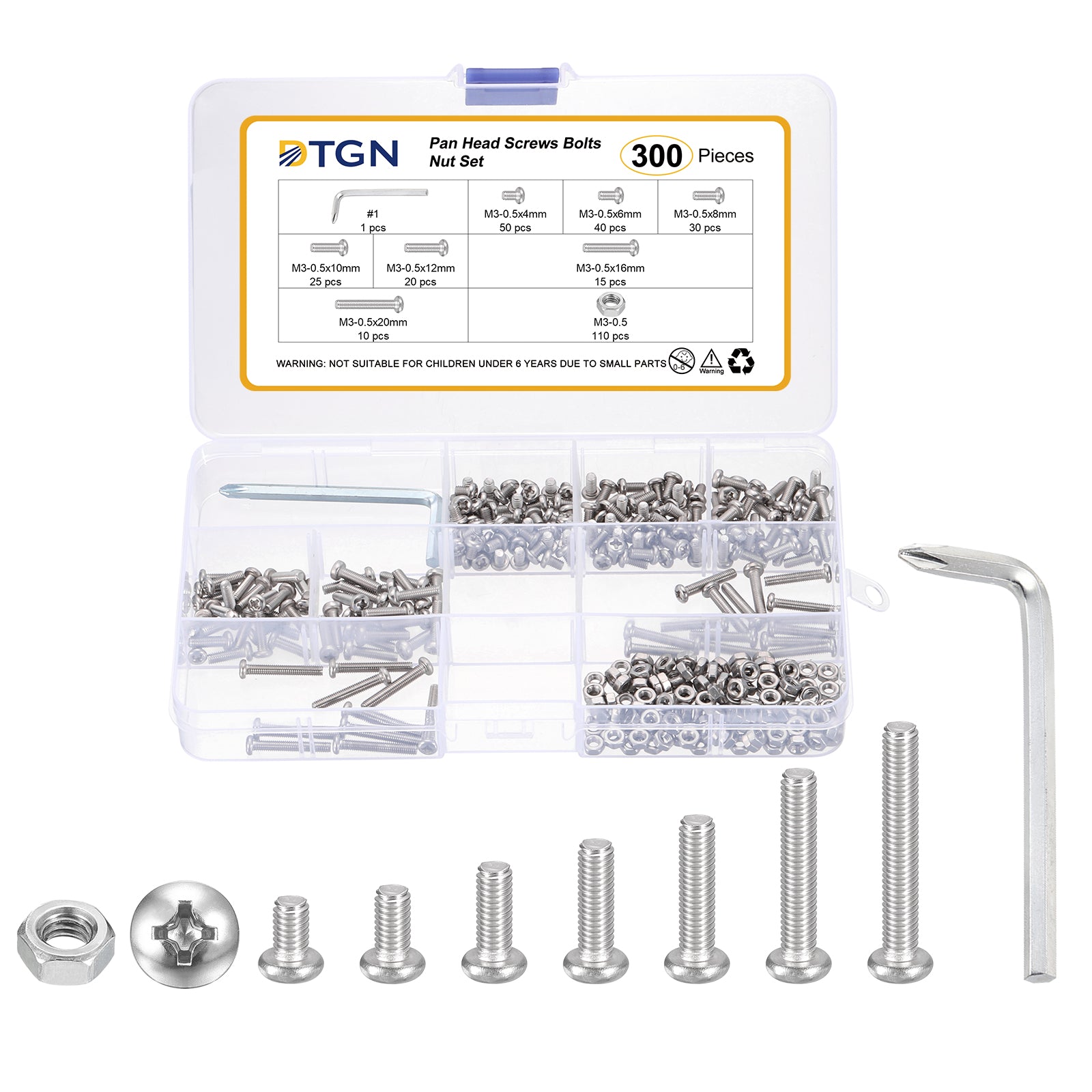 M3-0.5 Pan Head Screws Bolts Wrench Nut Kit - 300pcs - Stainless Steel ...