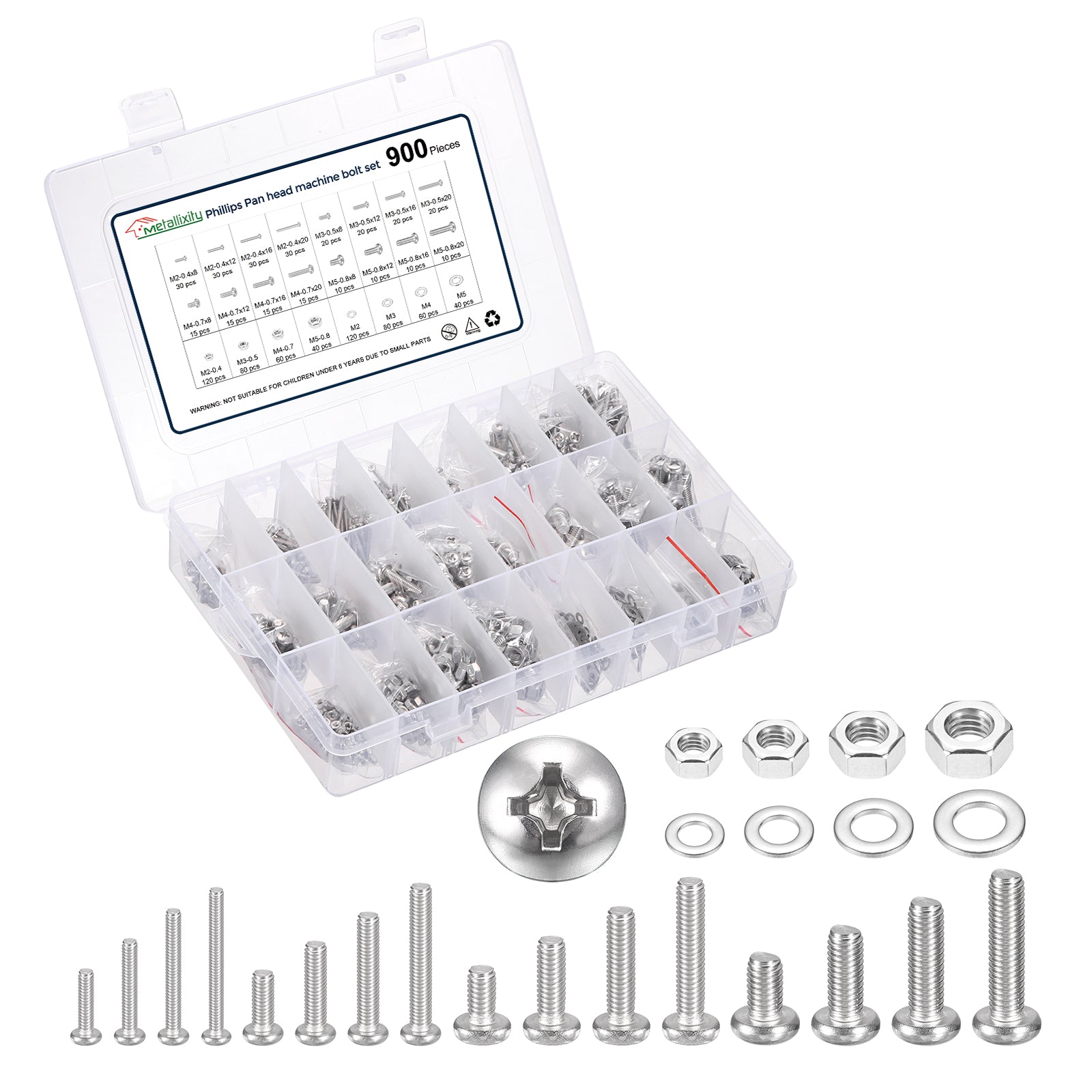 Phillips Pan Head Bolts Kit M2-0.4 900Pcs Stainless Steel Nut Washer ...