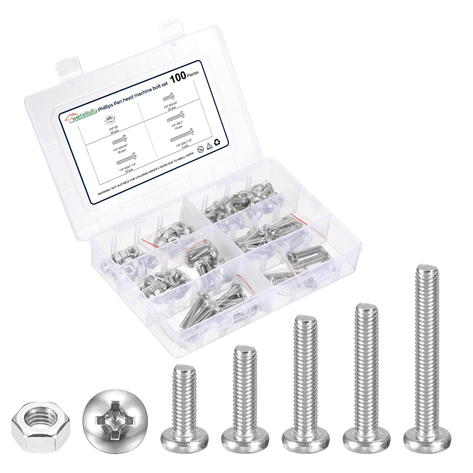 Cross Drive Pan Head Bolts Kit 1/4"-20 100Pcs Stainless Steel with Hex ...