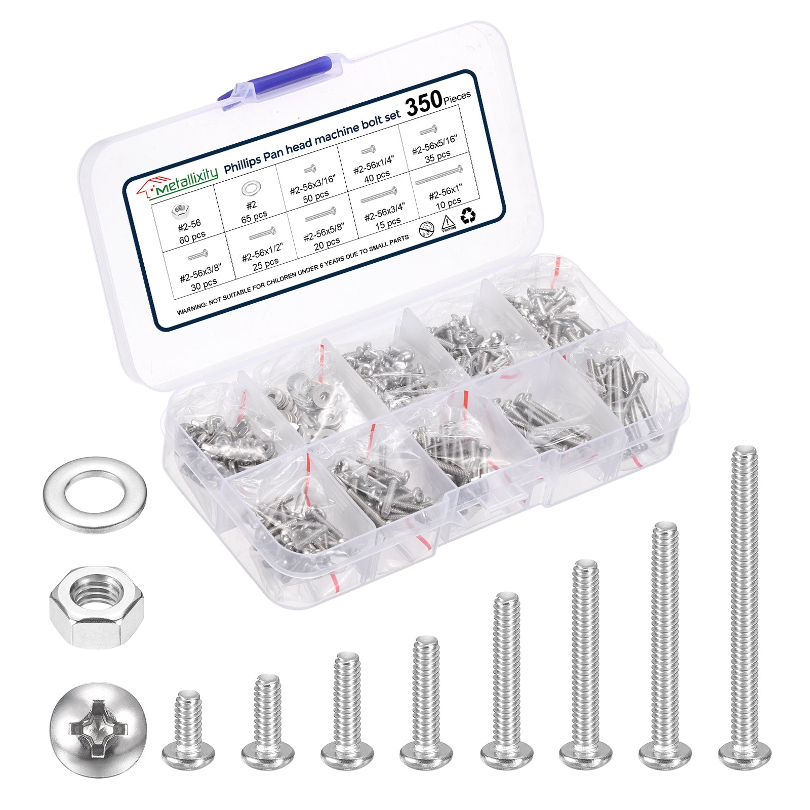Phillips Pan Head Bolts Kit #2-56 350Pcs Stainless Steel Nut Washer ...